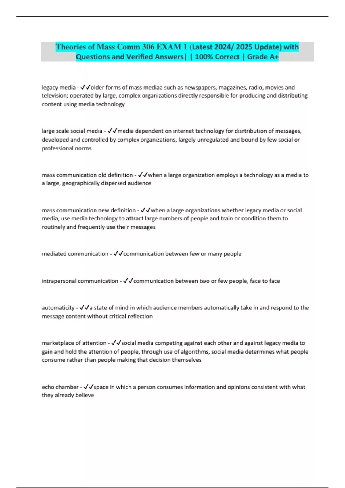 Theories of Mass Comm 306 EXAM 1 (Latest 2024/ 2025 Update) with ...