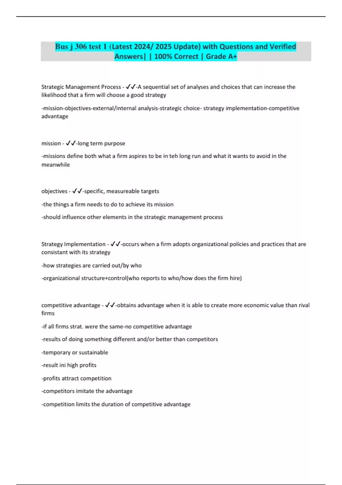 Bus j 306 test 1 (Latest 2024/ 2025 Update) with Questions and Verified ...