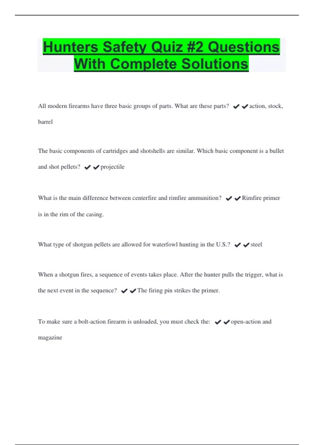 Hunters Safety Quiz #2 Questions With Complete Solutions - Hunters ...