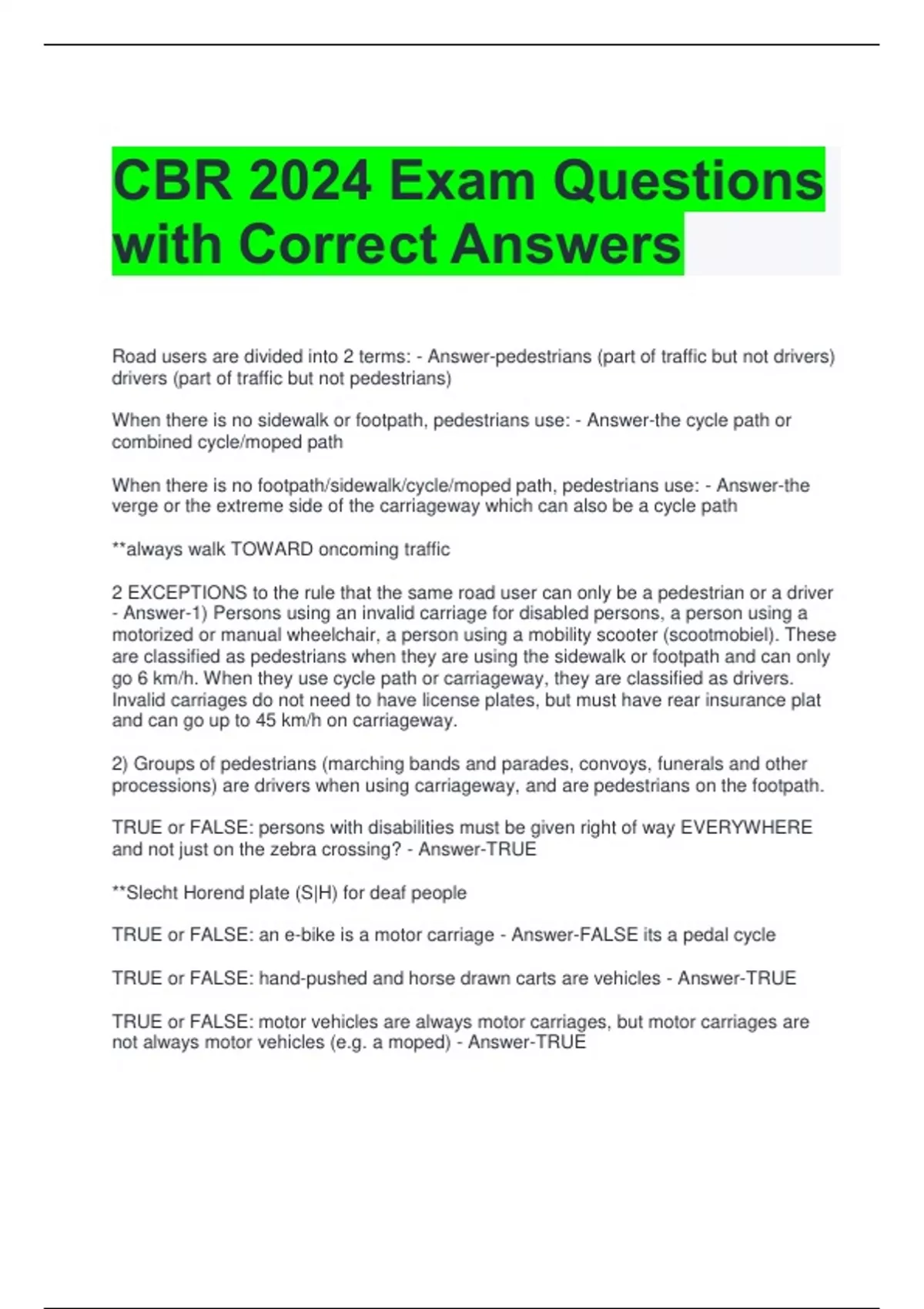 CBR 2024 Exam Questions with Correct Answers - CBR - Stuvia US