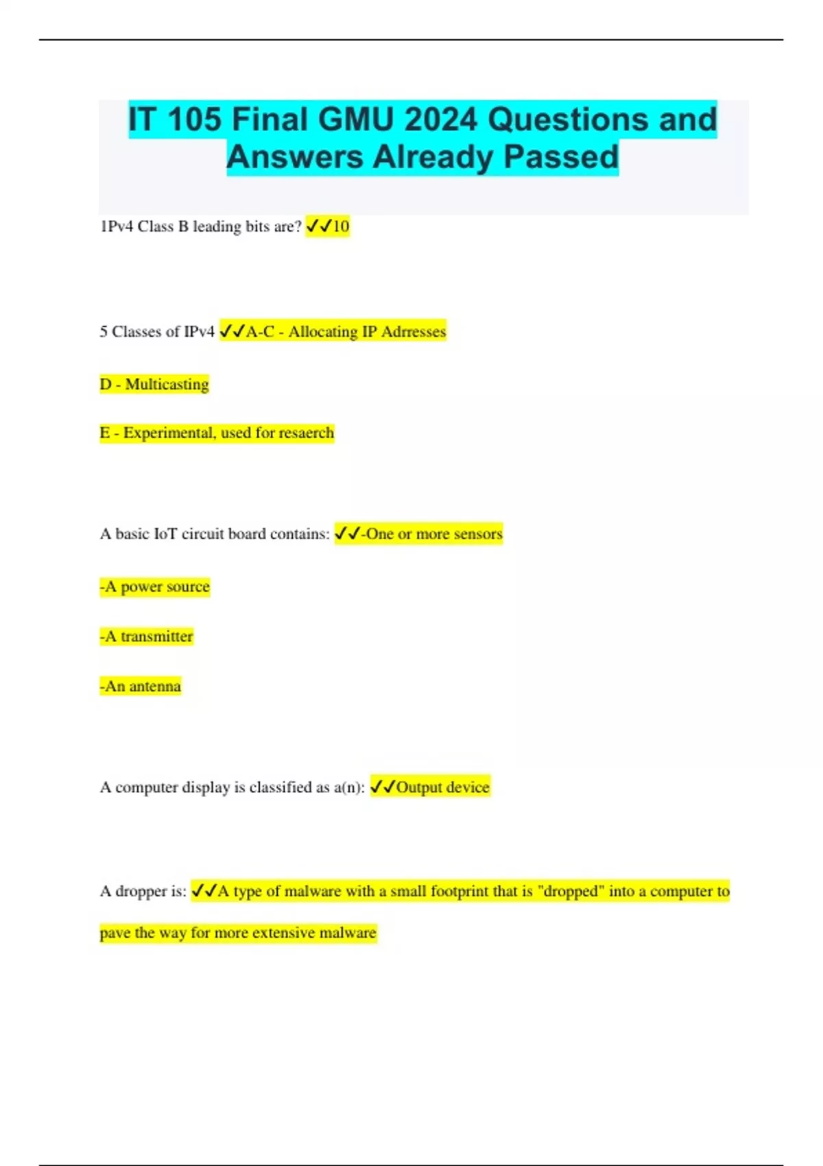 IT 105 Final GMU 2024 Questions and Answers Already Passed - IT 105 ...