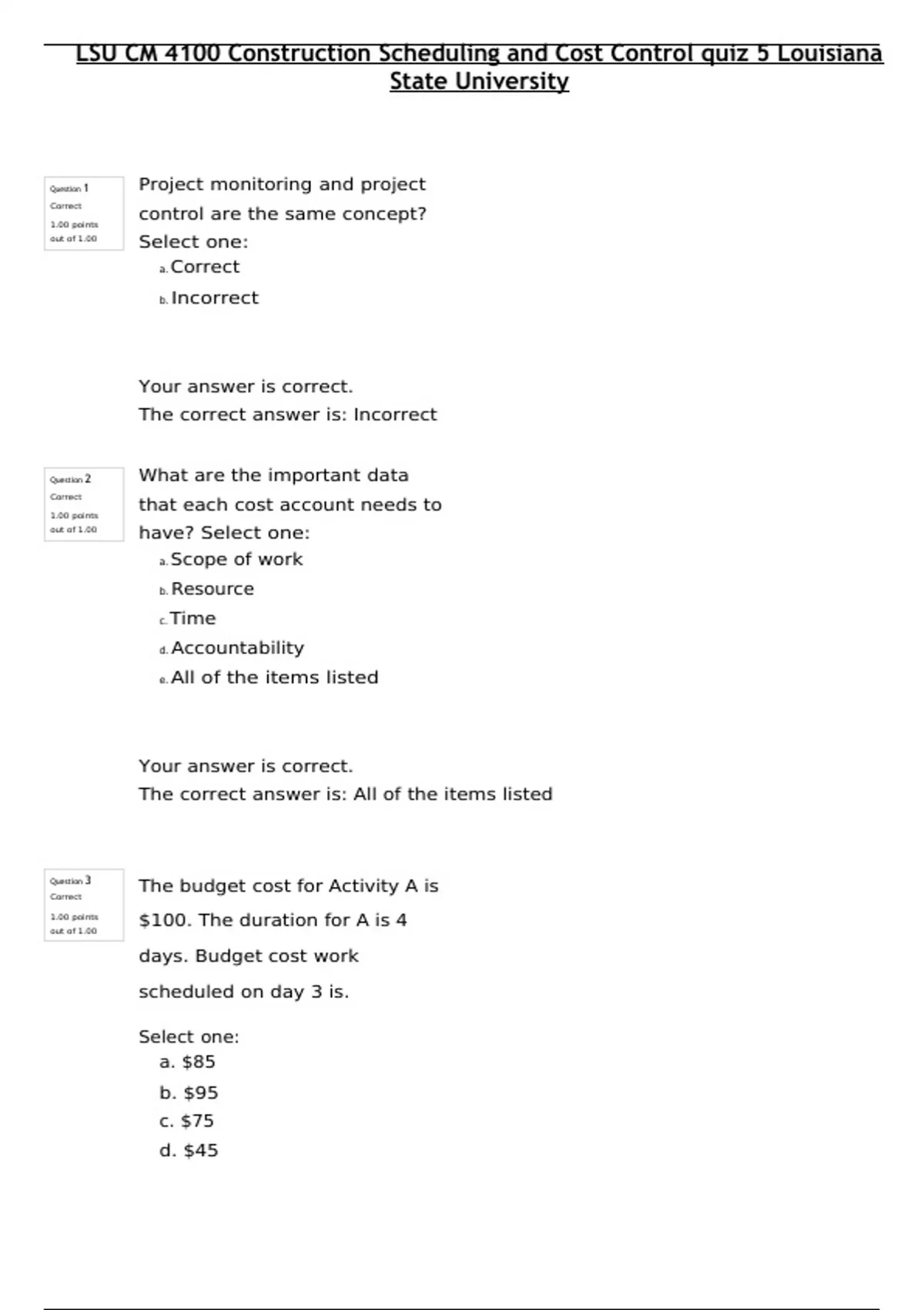 LSU CM 4100 Construction Scheduling and Cost Control quiz 5 Louisiana ...