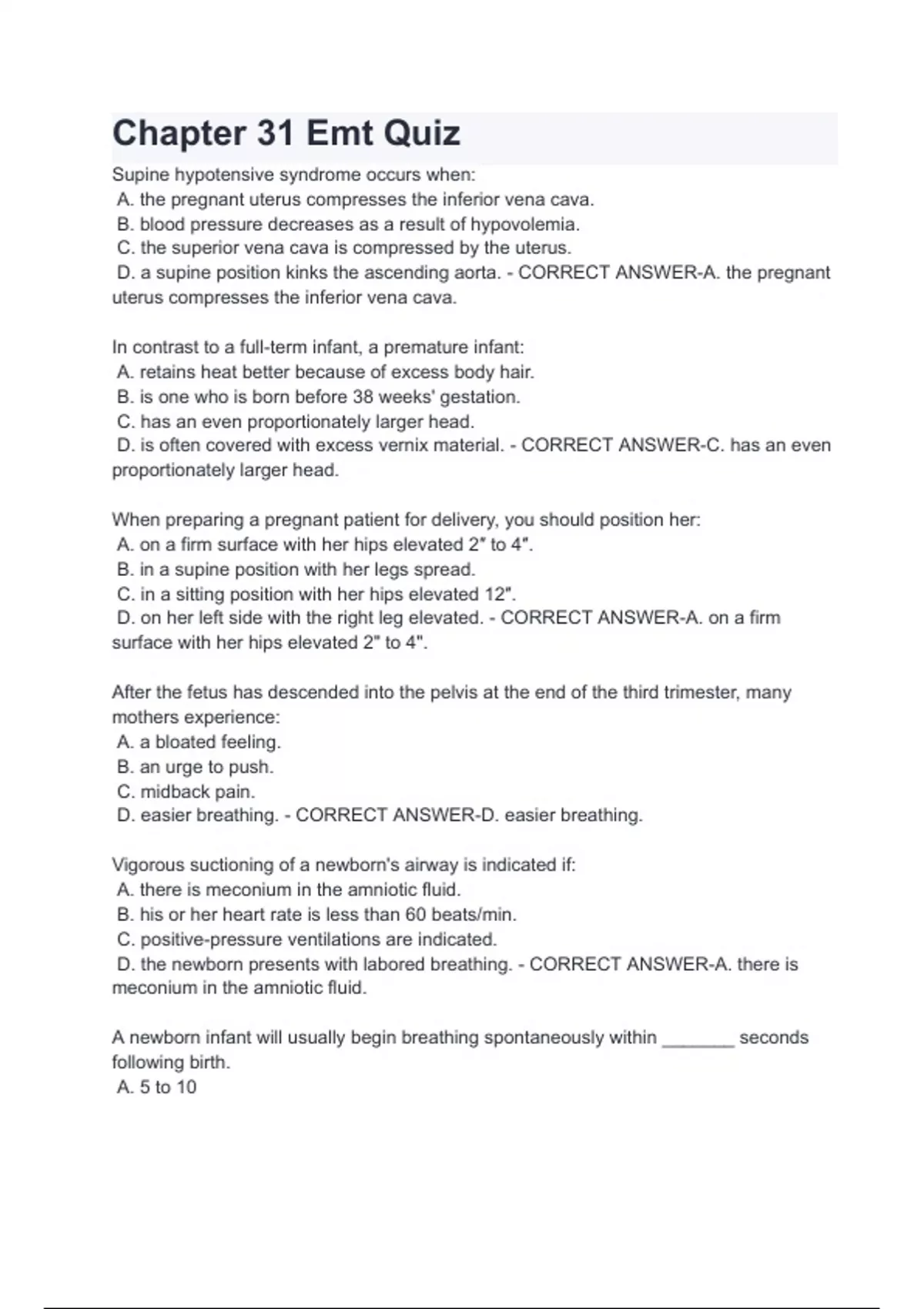 Chapter 31 Emt Quiz Questions with 100% Correct Answers Verified Latest ...