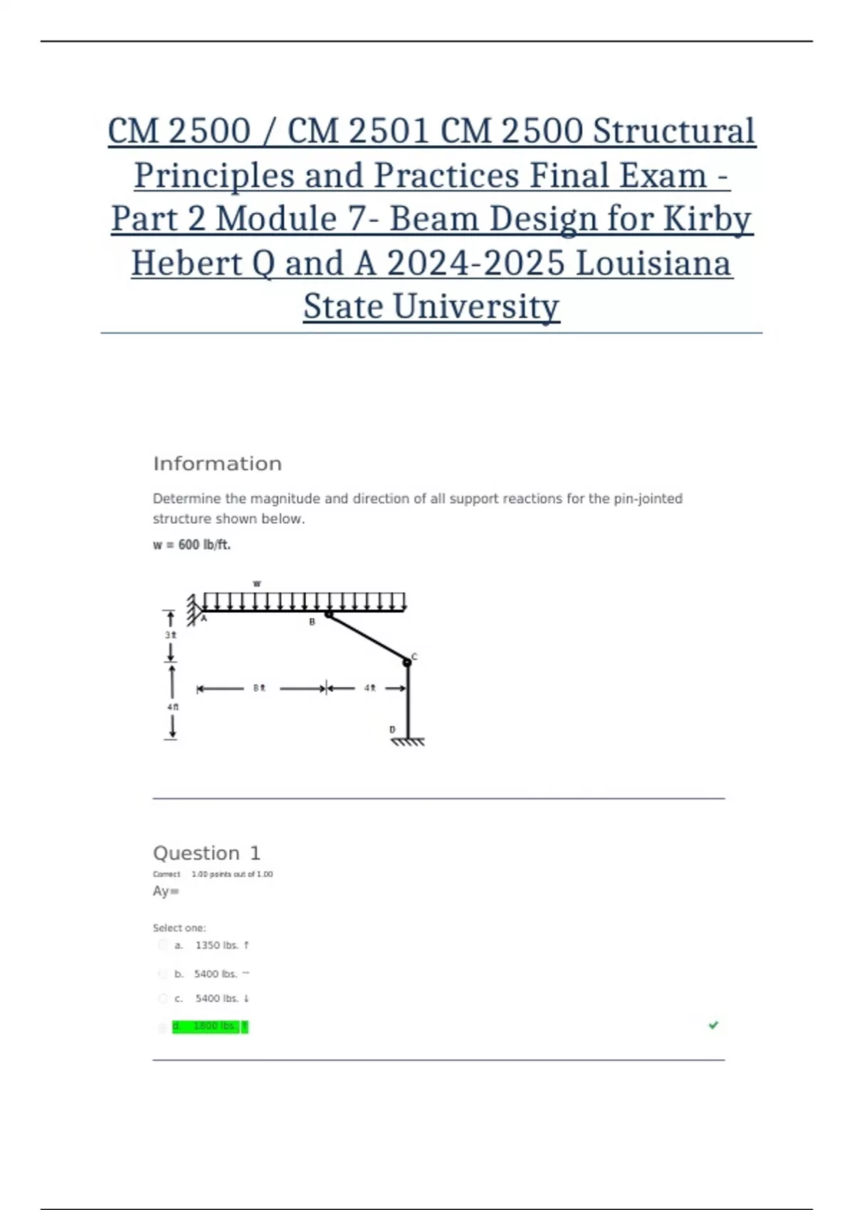 COMBINED ACTUAL COURSE EXAM SOLUTIONS FOR CM 2500 / CM 2501 STRUCTURAL ...