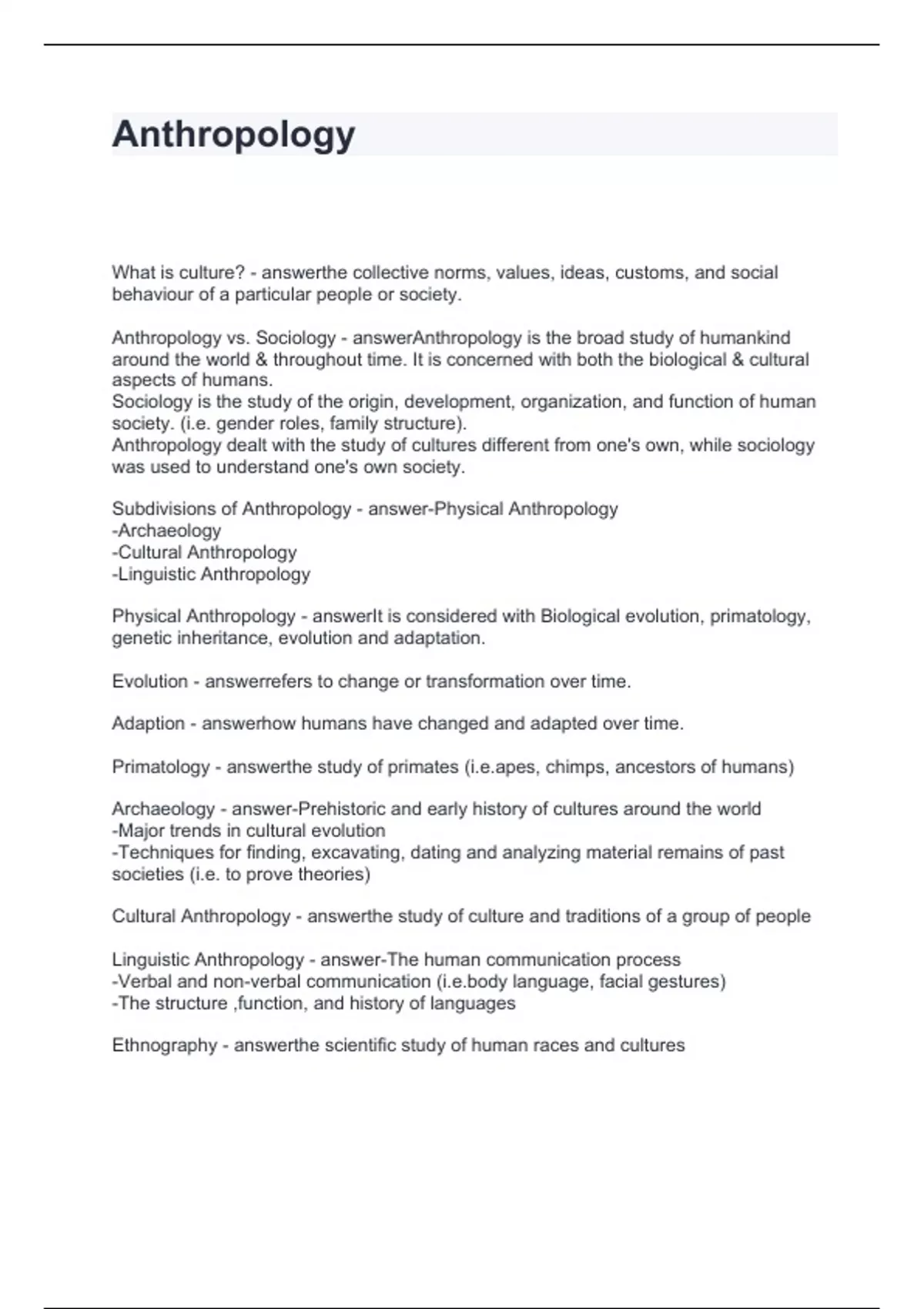 Anthropology Questions with Solutions 2024 - Anthropology - Stuvia US