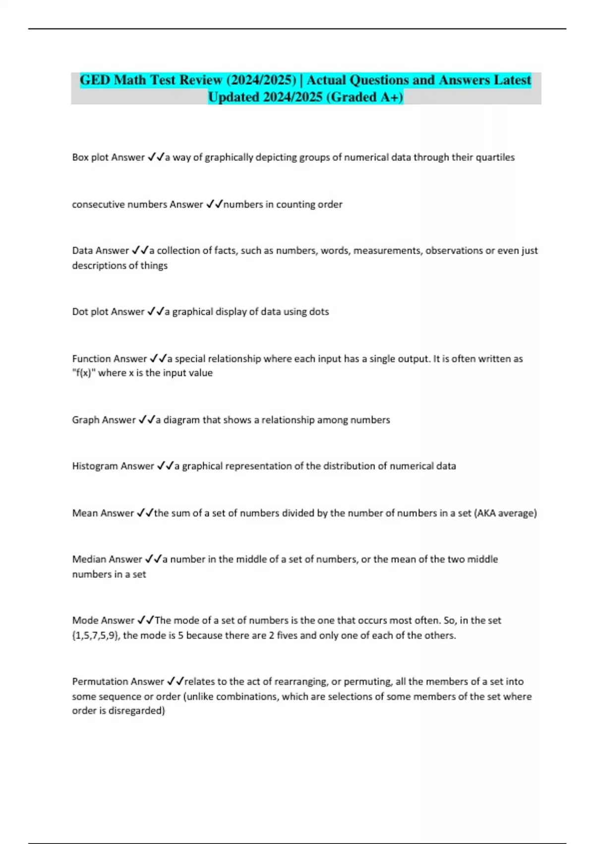 GED Math Test Review (2024/2025) | Actual Questions and Answers Latest ...