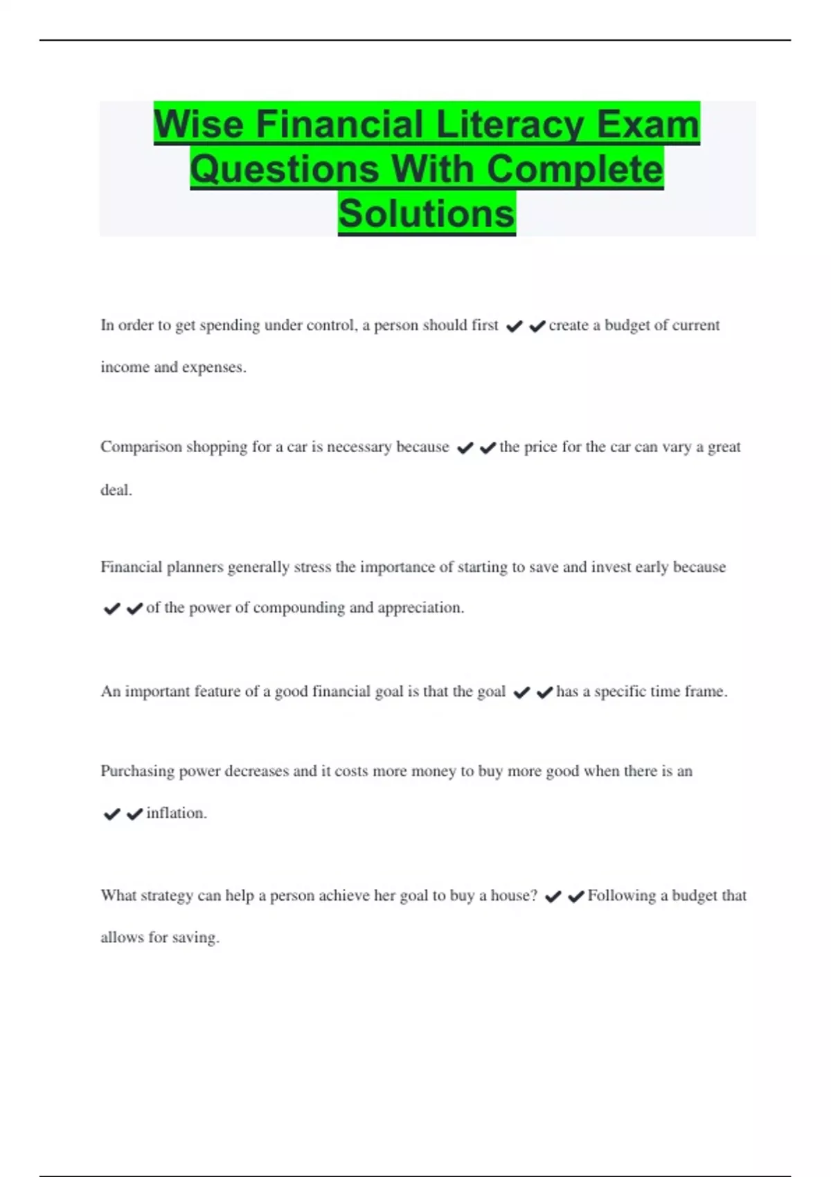 Wise Financial Literacy Exam Questions With Complete Solutions - Wise ...