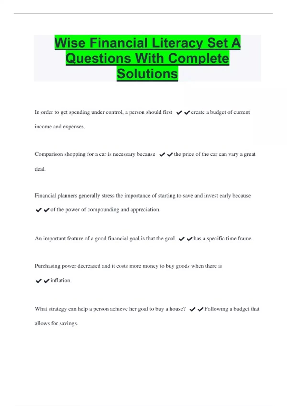 Wise Financial Literacy Set A Questions With Complete Solutions - Wise ...