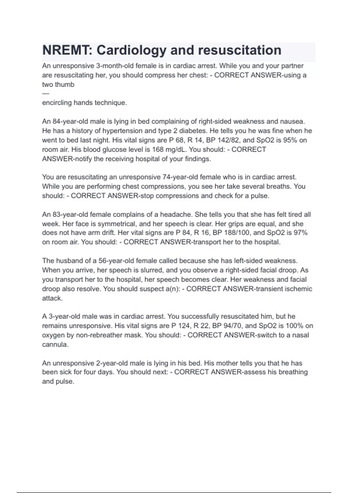 Nremt Cardiology And Resuscitation Questions With 100 Correct Answers Verified Latest Update