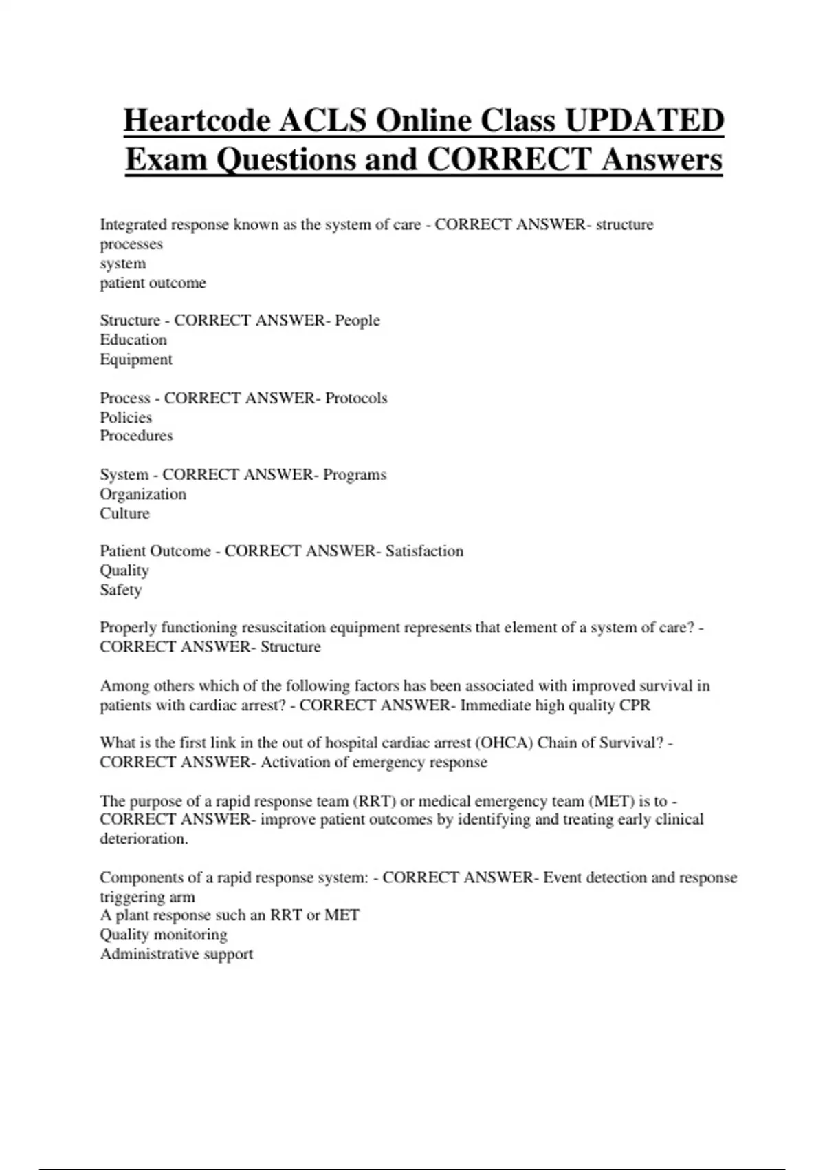 Heartcode ACLS Online Class UPDATED Exam Questions and CORRECT Answers ...