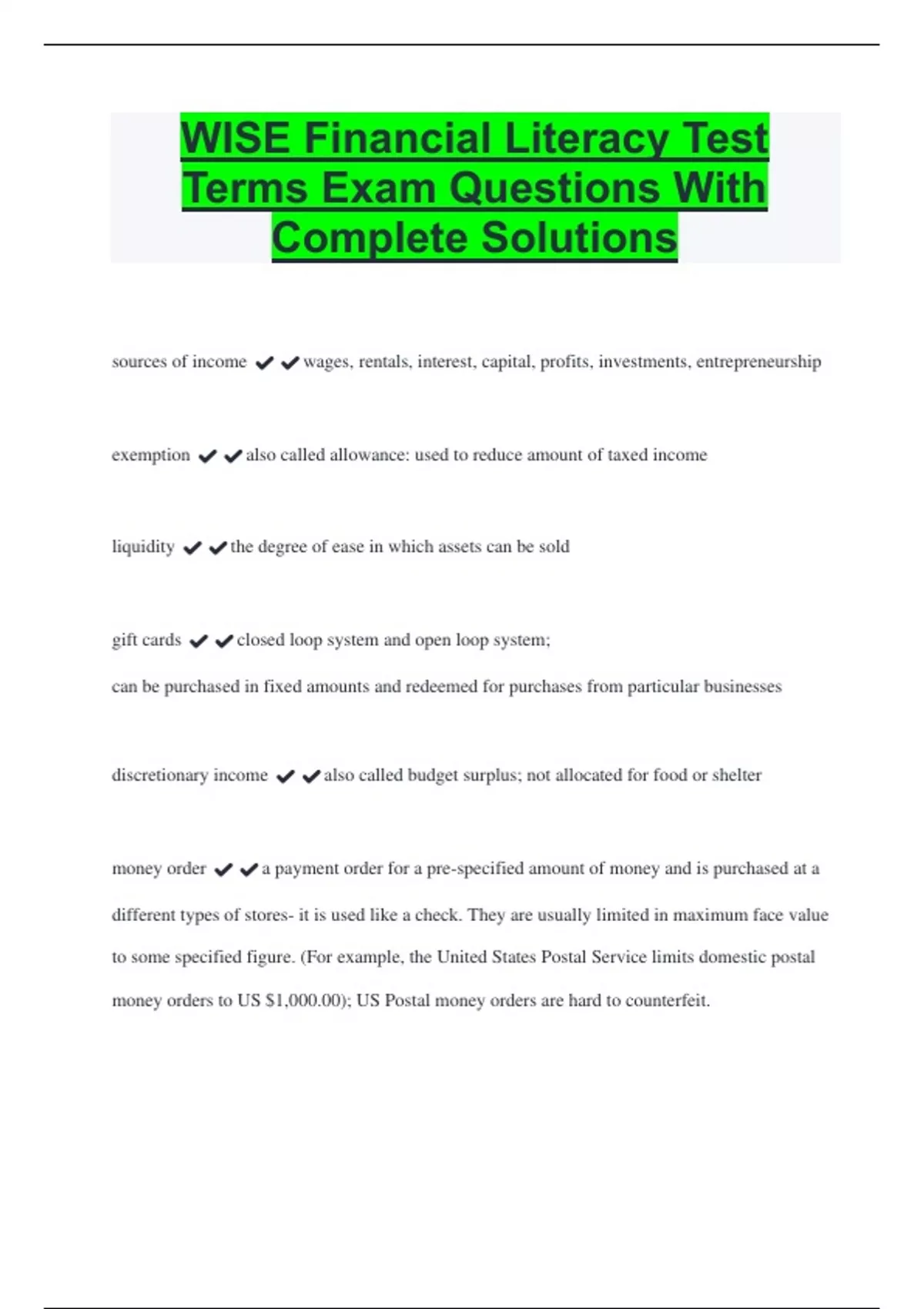 WISE Financial Literacy Test Terms Exam Questions With Complete ...