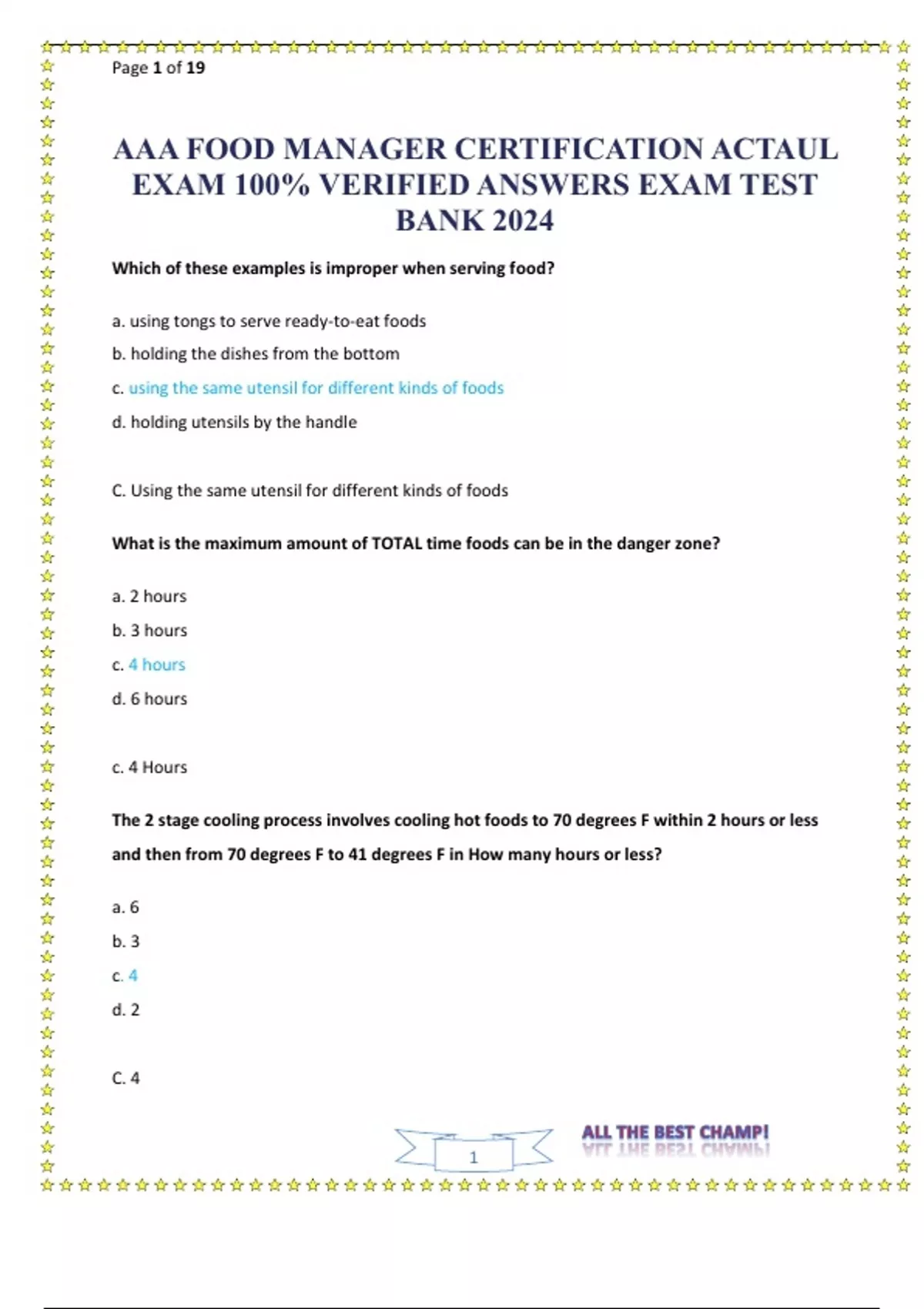 AAA FOOD MANAGER CERTIFICATION ACTAUL EXAM 100- VERIFIED ANSWERS EXAM ...