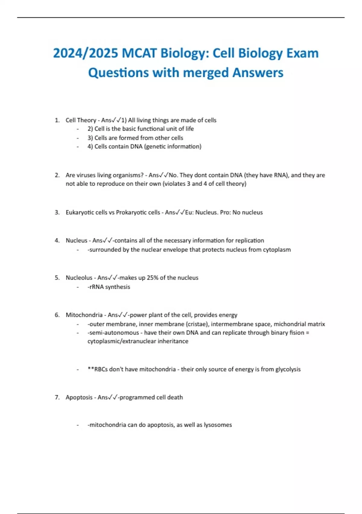 2024/2025 MCAT Biology: Cell Biology Exam Questions with merged Answers ...