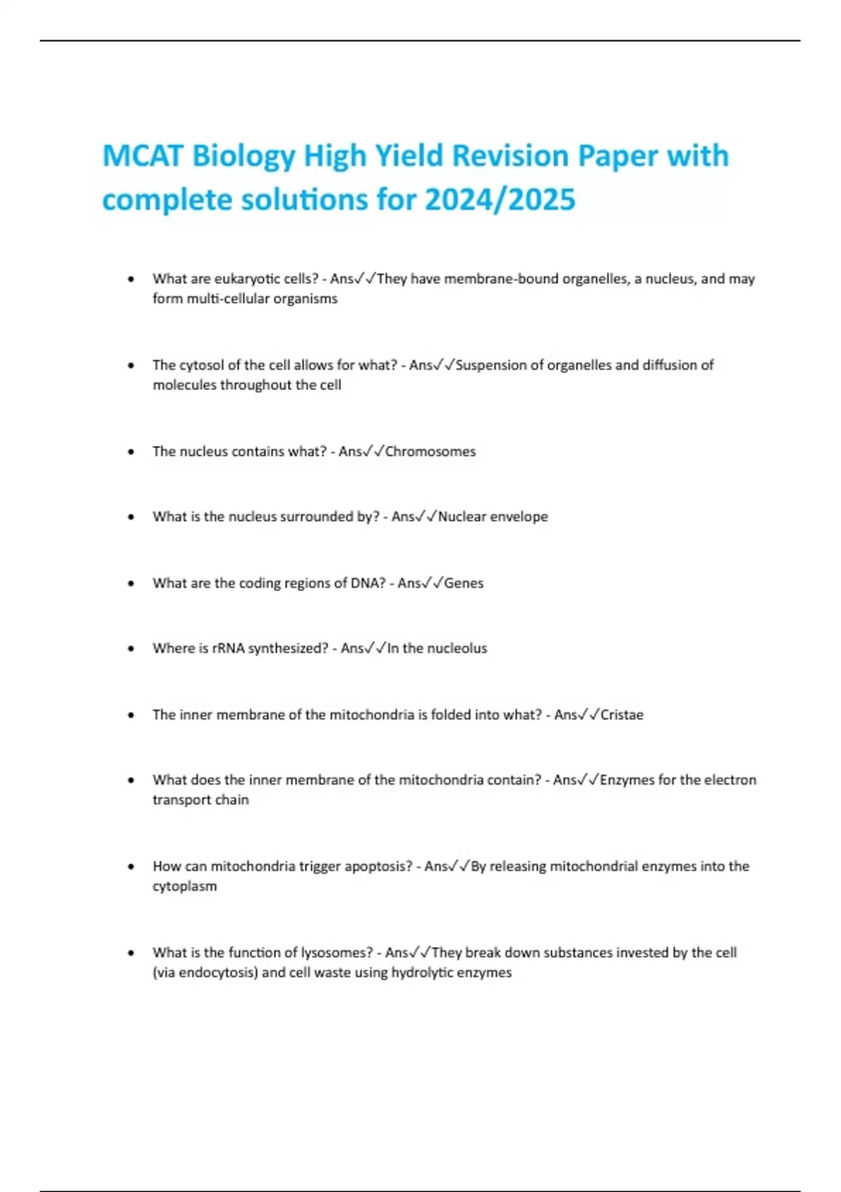 MCAT Biology High Yield Revision Paper with complete solutions for 2024 ...