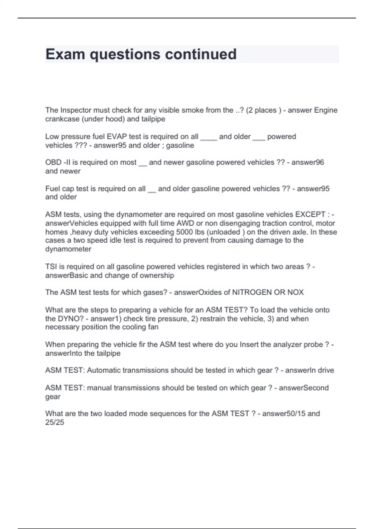 Exam Questions Continued Questions With Solutions 2024 Smog Check Inspector Stuvia Us