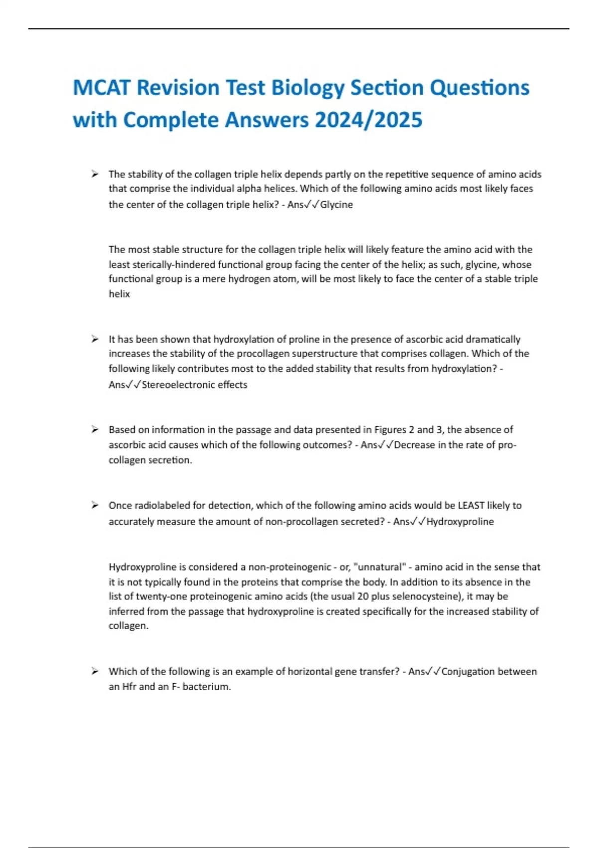 MCAT Revision Test Biology Section Questions with Complete Answers 2024 ...