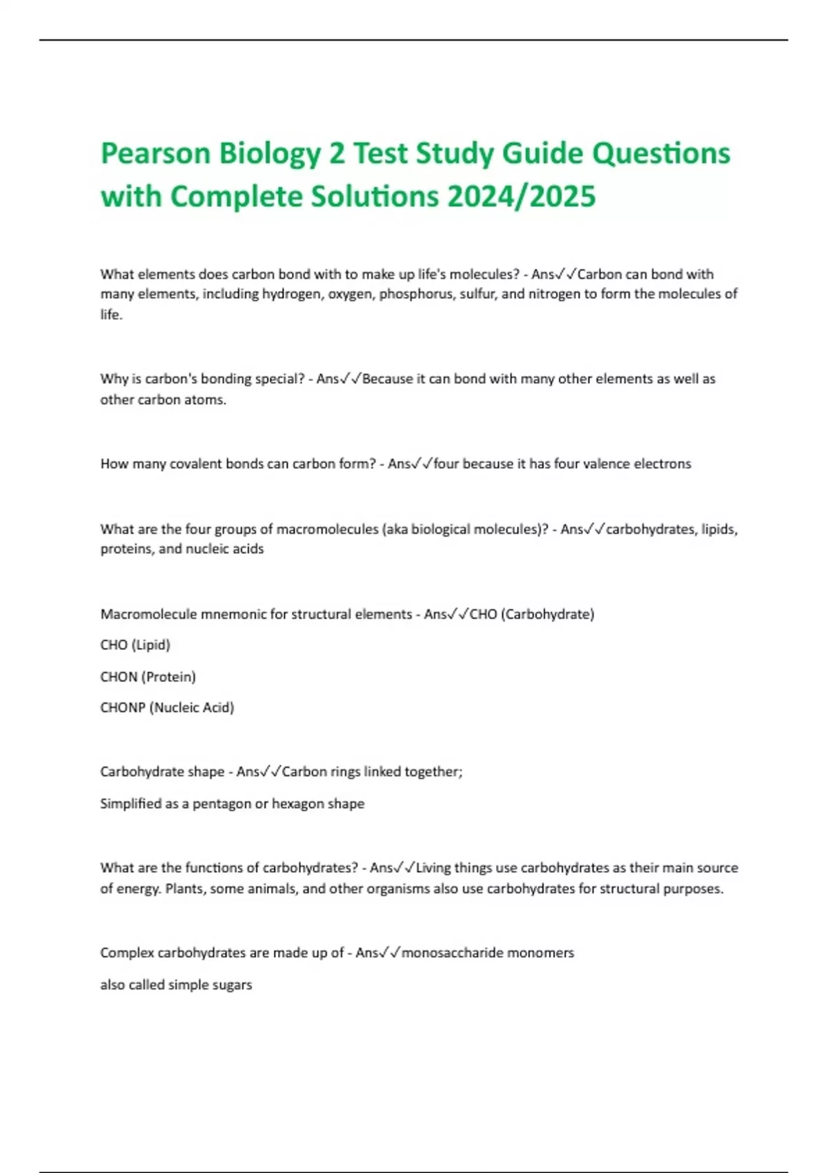Pearson Biology 2 Test Study Guide Questions with Complete Solutions ...