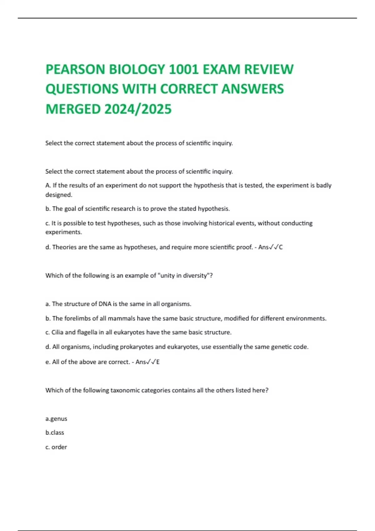 PEARSON BIOLOGY 1001 EXAM REVIEW QUESTIONS WITH CORRECT ANSWERS MERGED ...