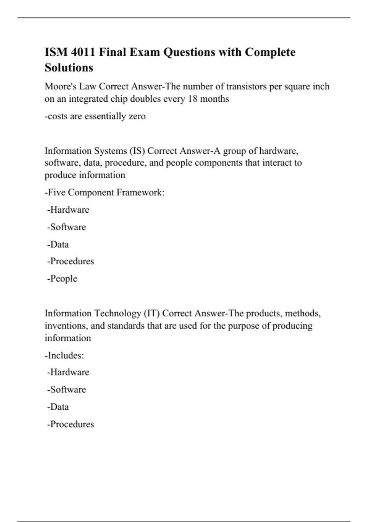 ISM 4011 Final Exam Questions with Complete Solutions - ISM 4011 ...