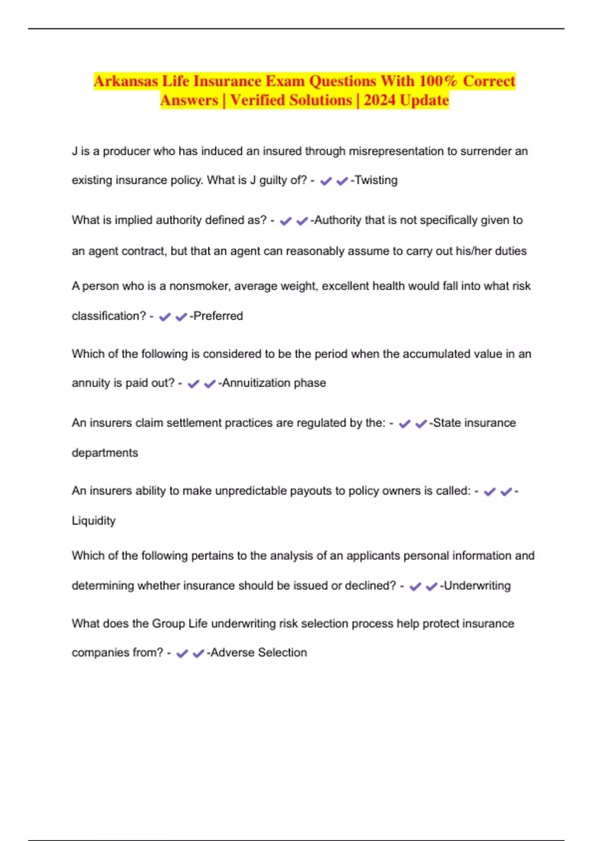 Arkansas Life Insurance Exam Questions With 100% Correct Answers ...