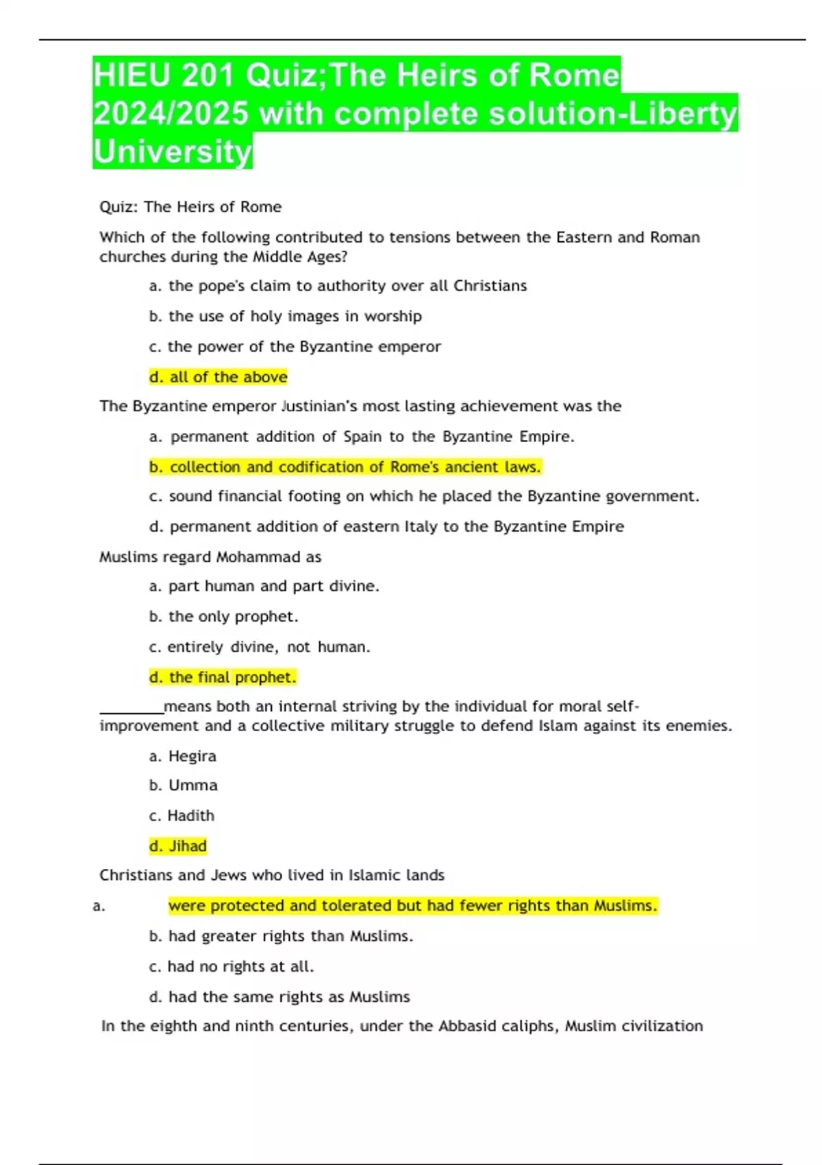 HIEU 201 Quiz;The Heirs of Rome 2024/2025 with complete solution-Liberty University - HIEU 201 ...