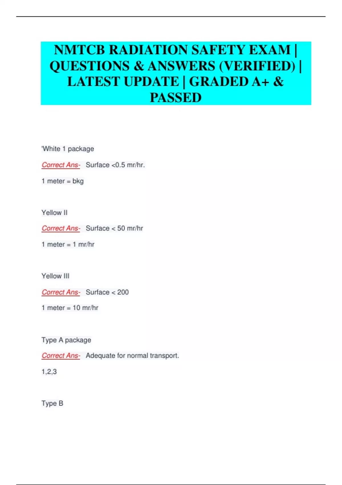 NMTCB RADIATION SAFETY EXAM | QUESTIONS & ANSWERS (VERIFIED) | LATEST ...