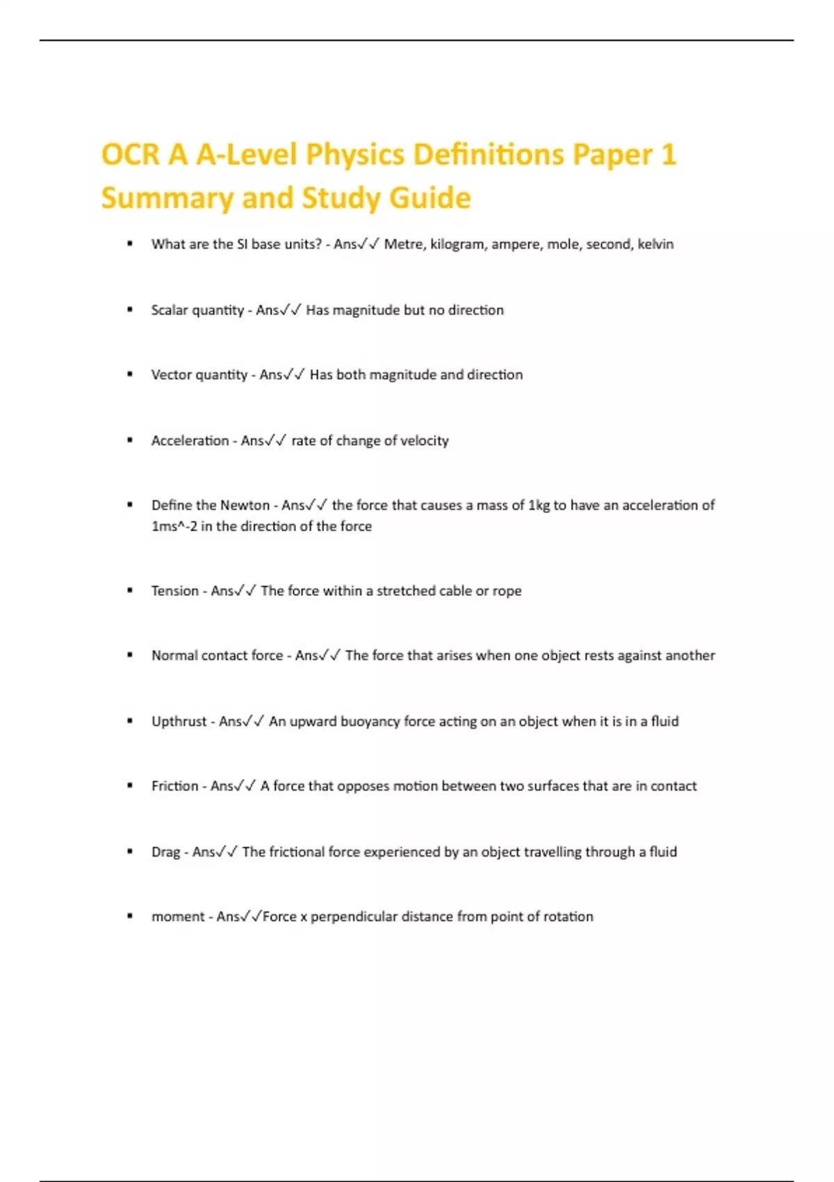 OCR A A-Level Physics Definitions Paper 1 Summary and Study Guide - OCR ...