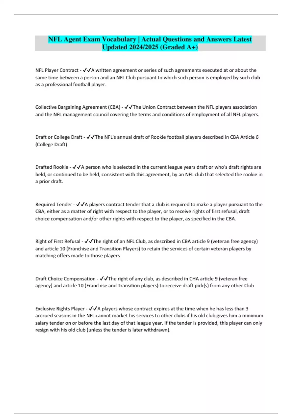 NFL Agent Exam Vocabulary | Actual Questions and Answers Latest Updated ...