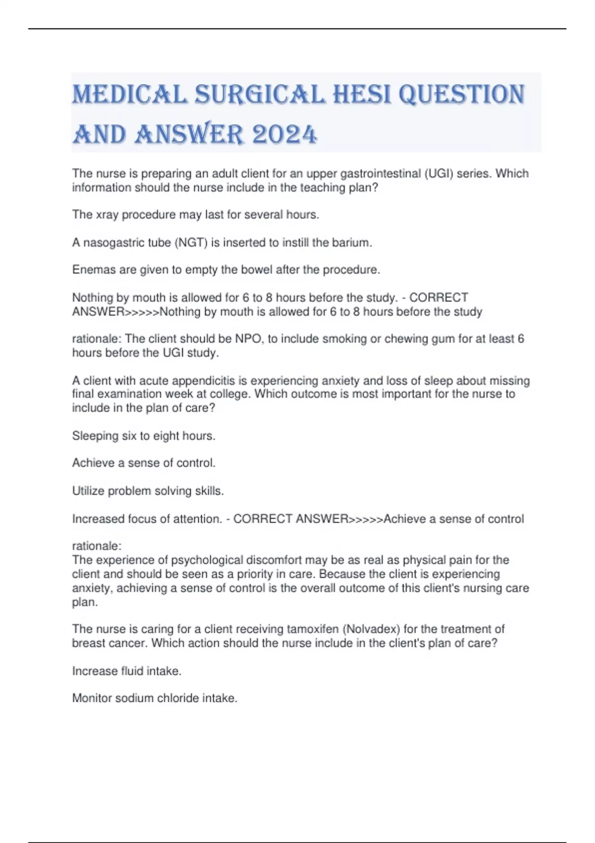 MEDICAL SURGICAL HESI QUESTION AND ANSWER 2024 - MEDICAL SURGICAL HESI 2024 - Stuvia US