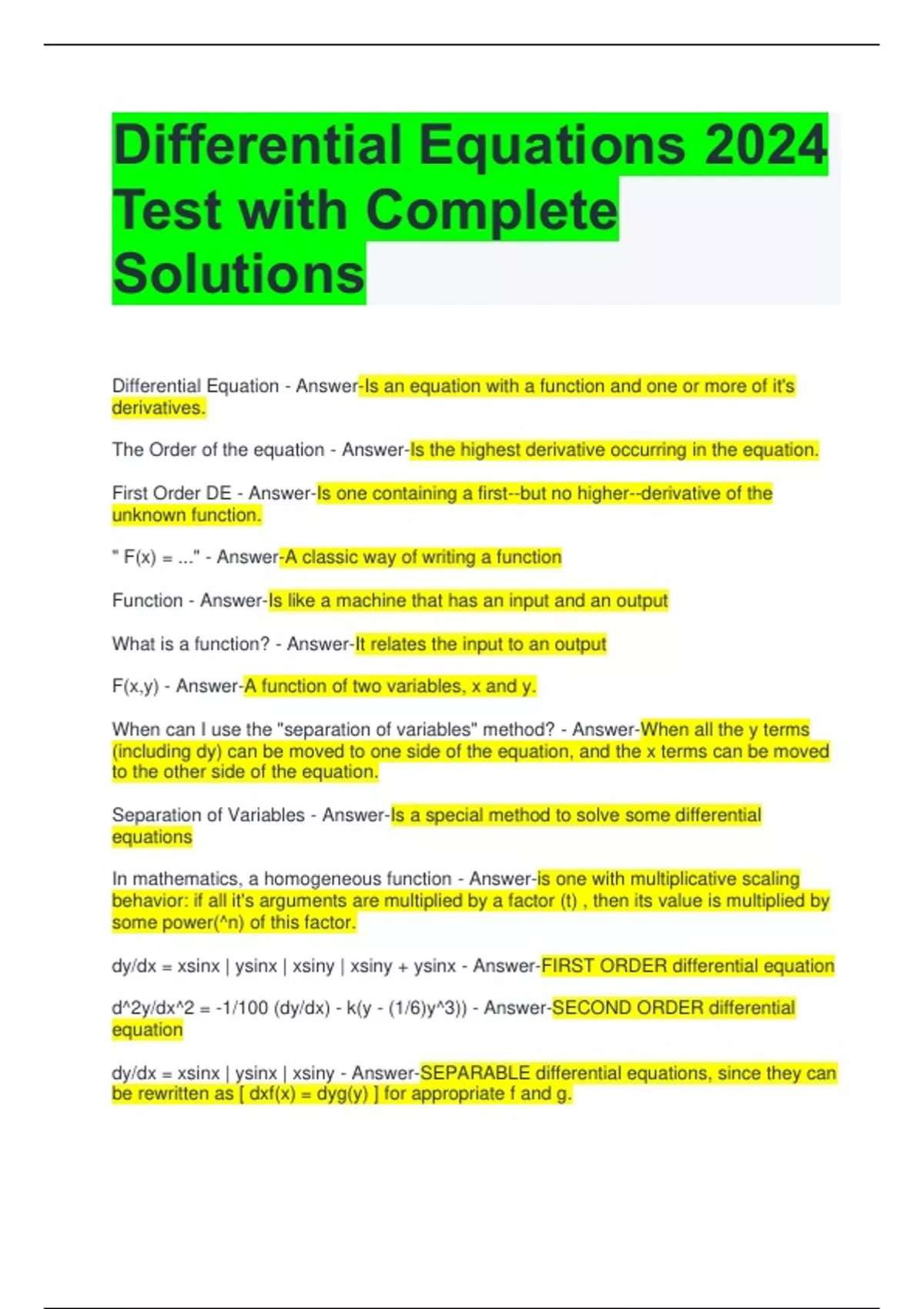 Differential Equations 2024 Test with Complete Solutions - Differential ...