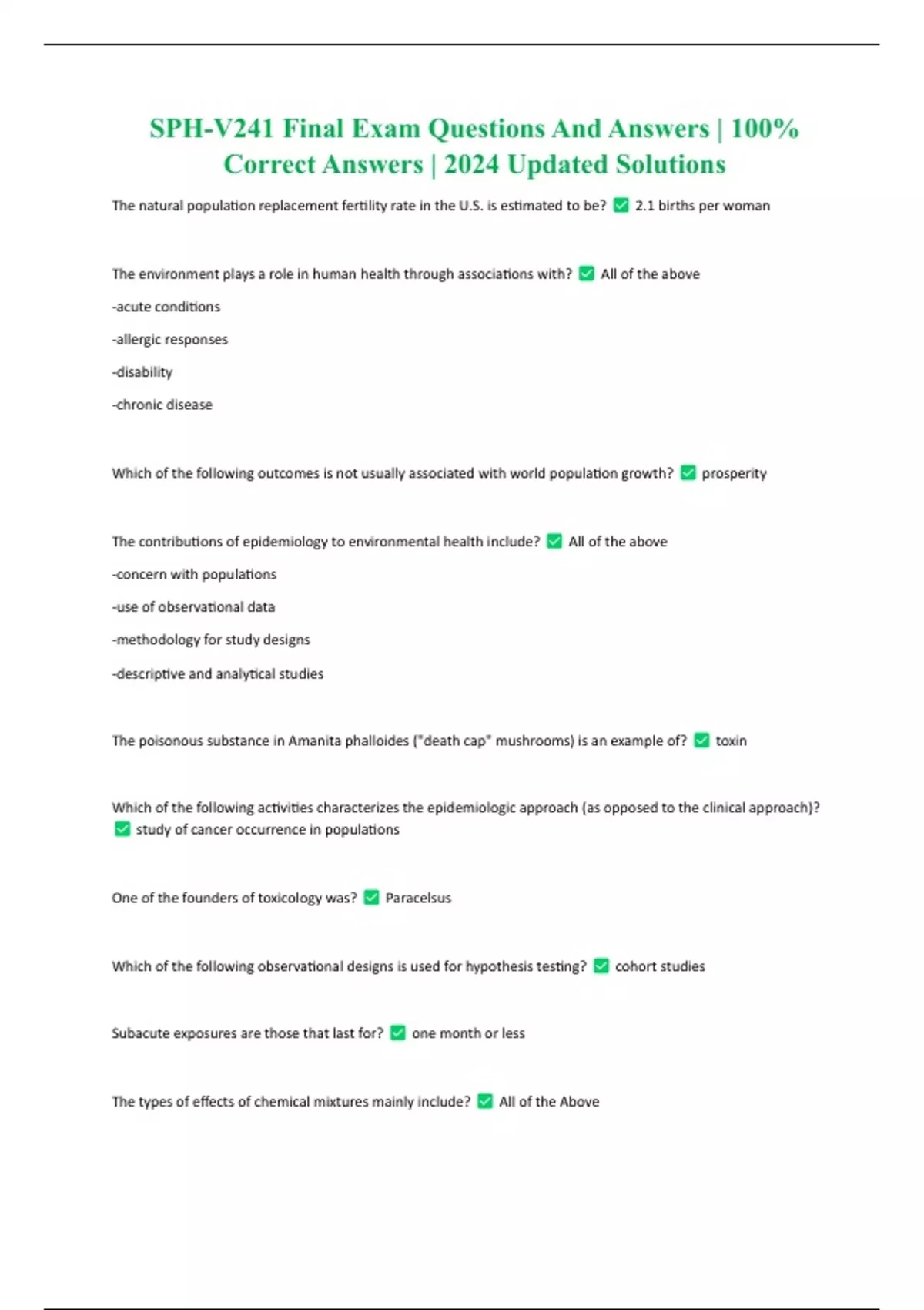Sph V241 Final Exam Questions And Answers 100 Correct Answers 2024