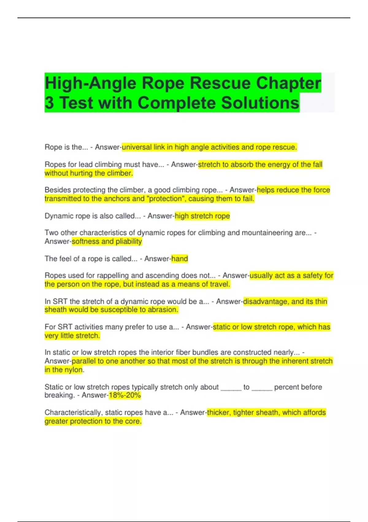 High-Angle Rope Rescue Chapter 3 Test with Complete Solutions - High ...