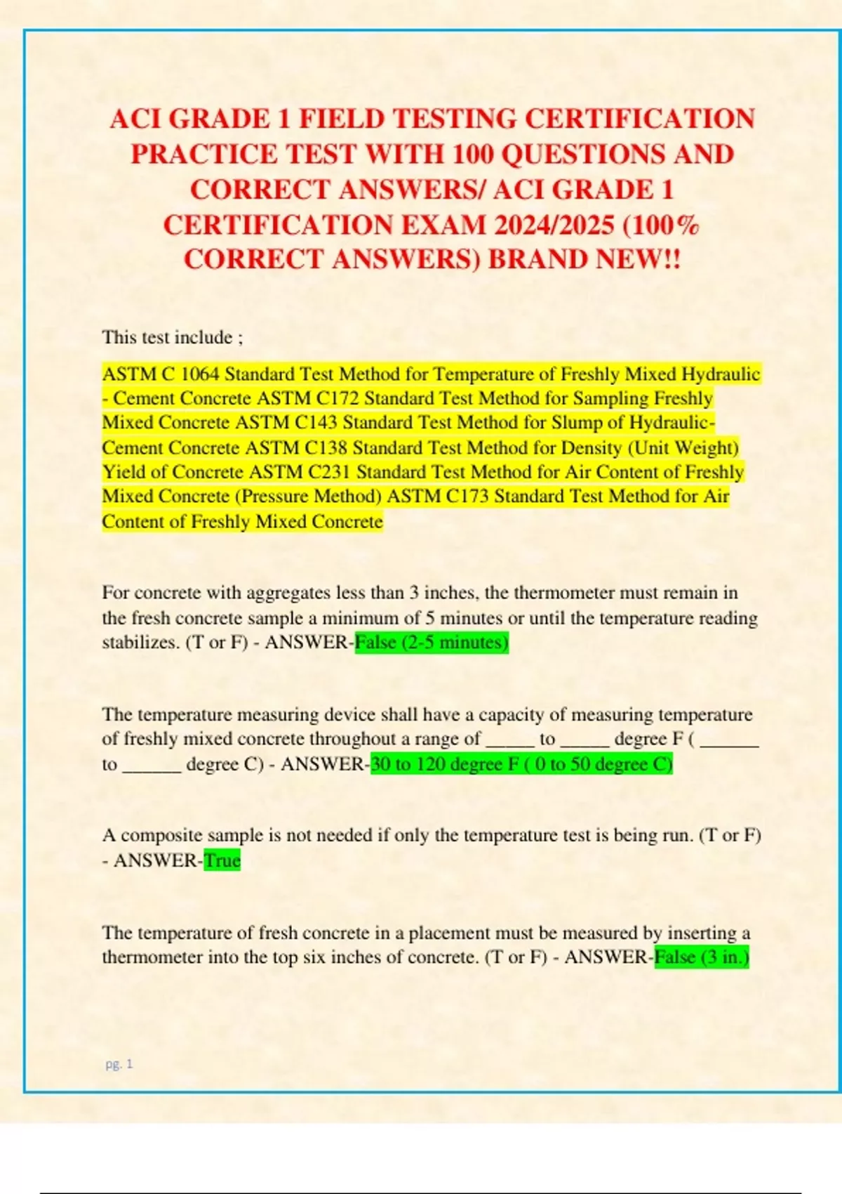 ACI GRADE 1 FIELD TESTING CERTIFICATION PRACTICE TEST WITH 100 ...