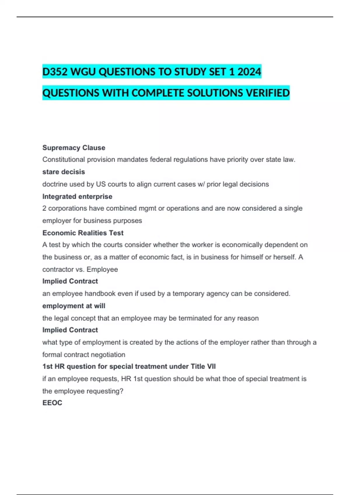 D352 WGU QUESTIONS TO STUDY SET 1 2024 QUESTIONS WITH COMPLETE ...