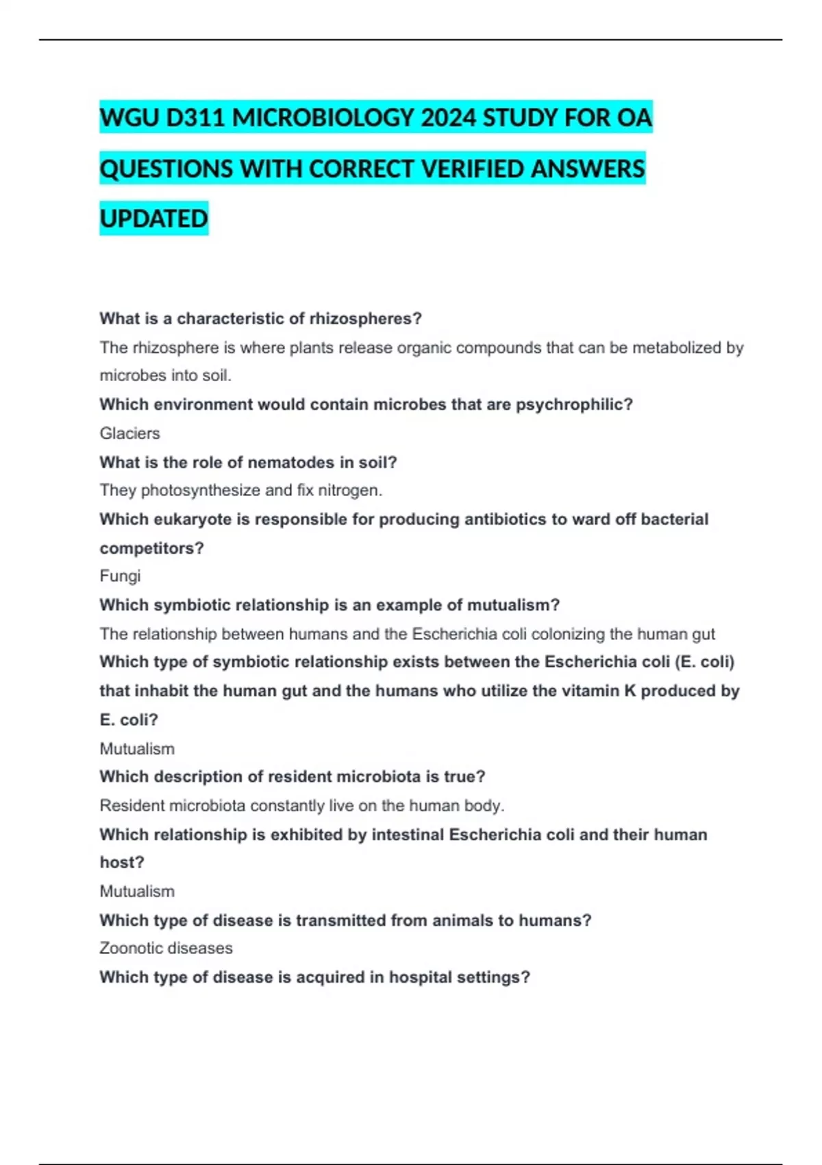 WGU D311 MICROBIOLOGY 2024 STUDY FOR OA QUESTIONS WITH CORRECT VERIFIED ANSWERS UPDATED - WGU ...