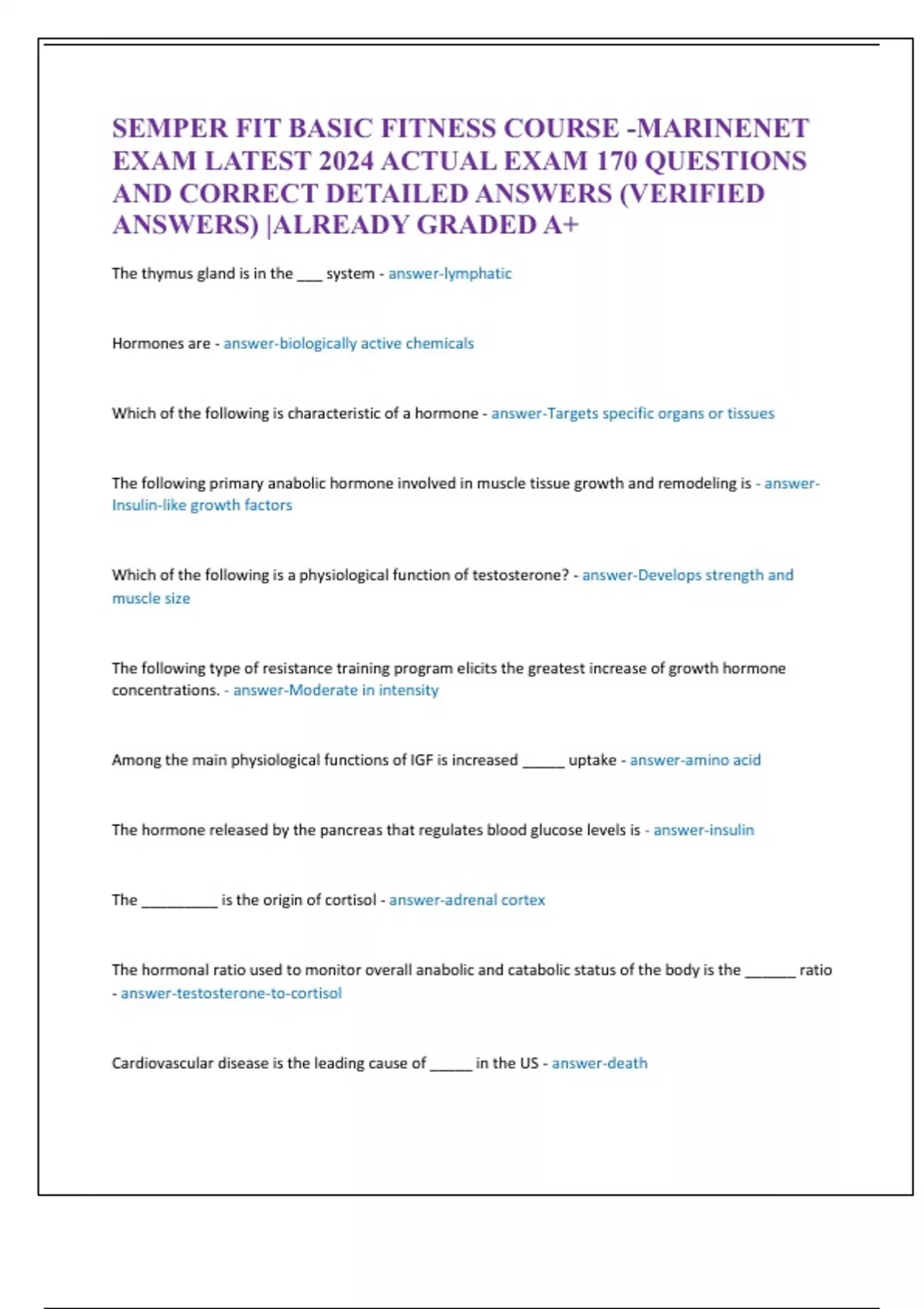 SEMPER FIT BASIC FITNESS COURSE -MARINENET EXAM LATEST 2024 ACTUAL EXAM ...