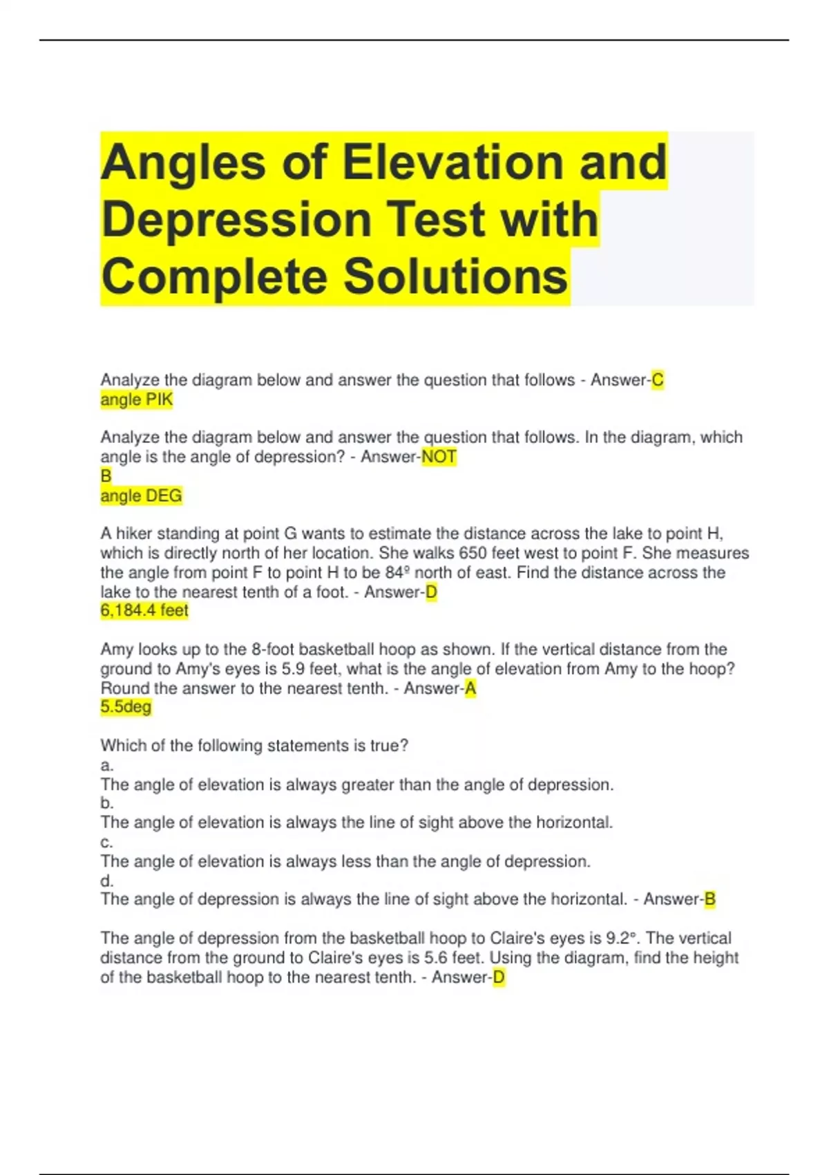 Angles of Elevation and Depression Test with Complete Solutions ...