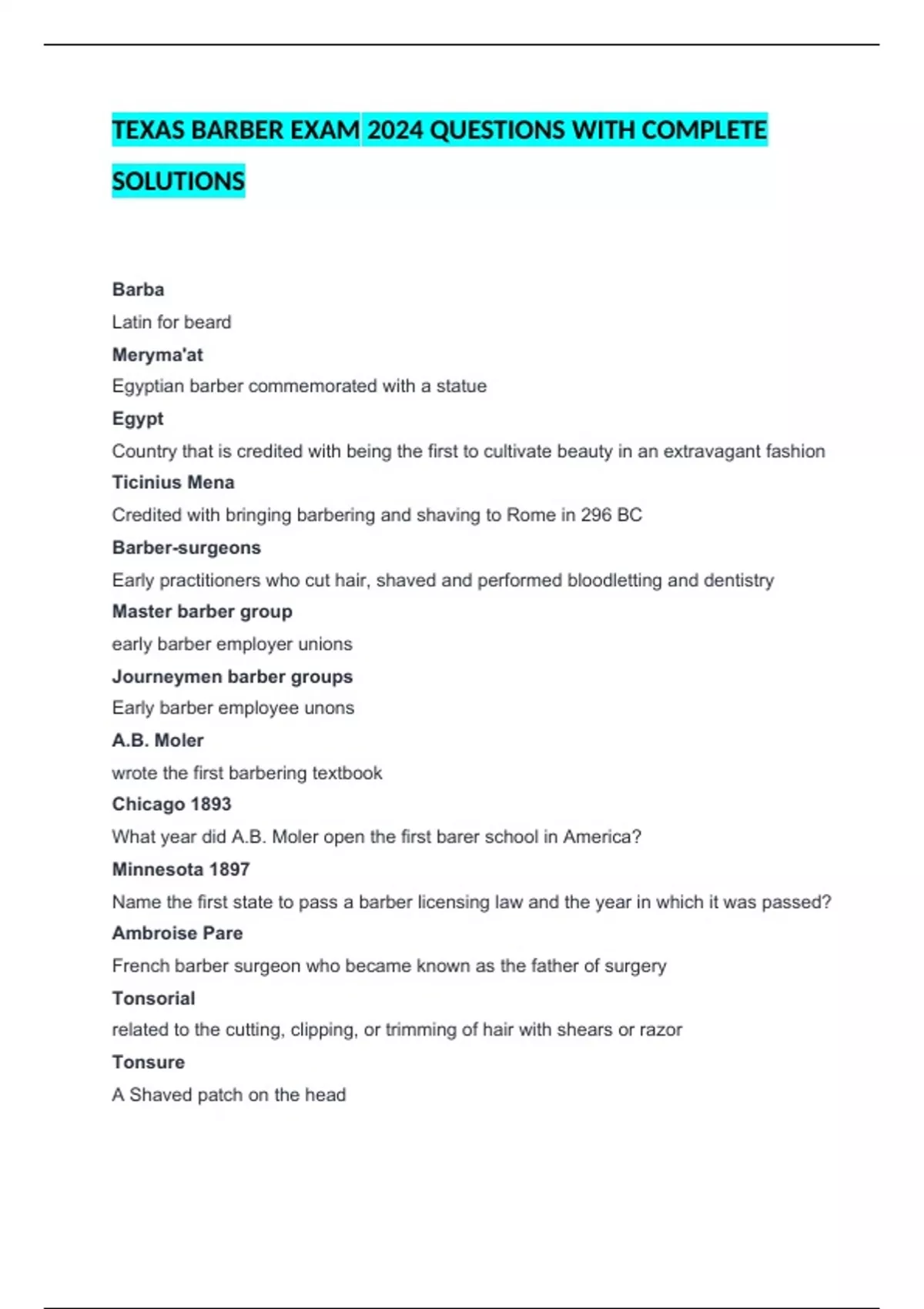 TEXAS BARBER EXAM 2024 QUESTIONS WITH COMPLETE SOLUTIONS - TEXAS BARBER ...