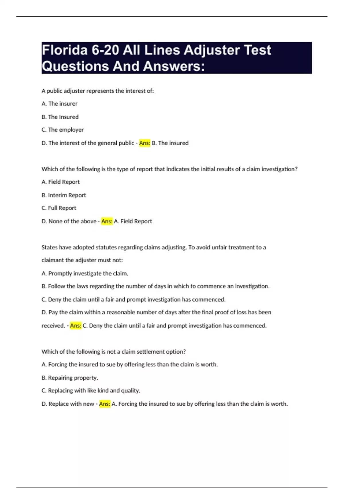 Florida Adjuster Exam Questions and Complete Solutions - Florida ...
