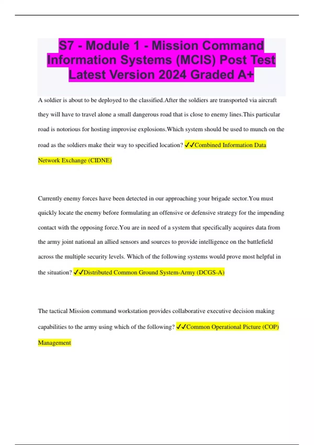 S7 - Module 1 - Mission Command Information Systems (MCIS) Post Test ...