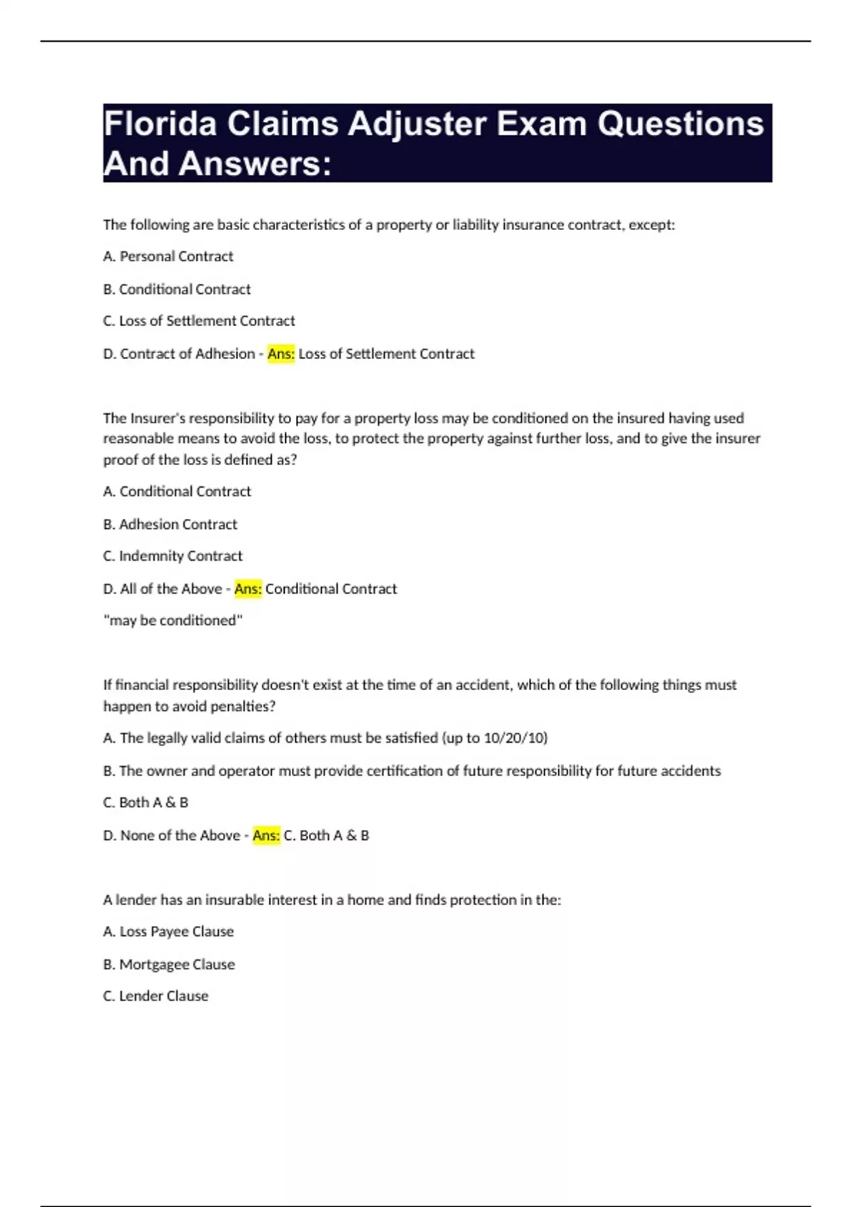 Florida Claims Adjuster Exam Questions And Answers - Florida adjuster ...