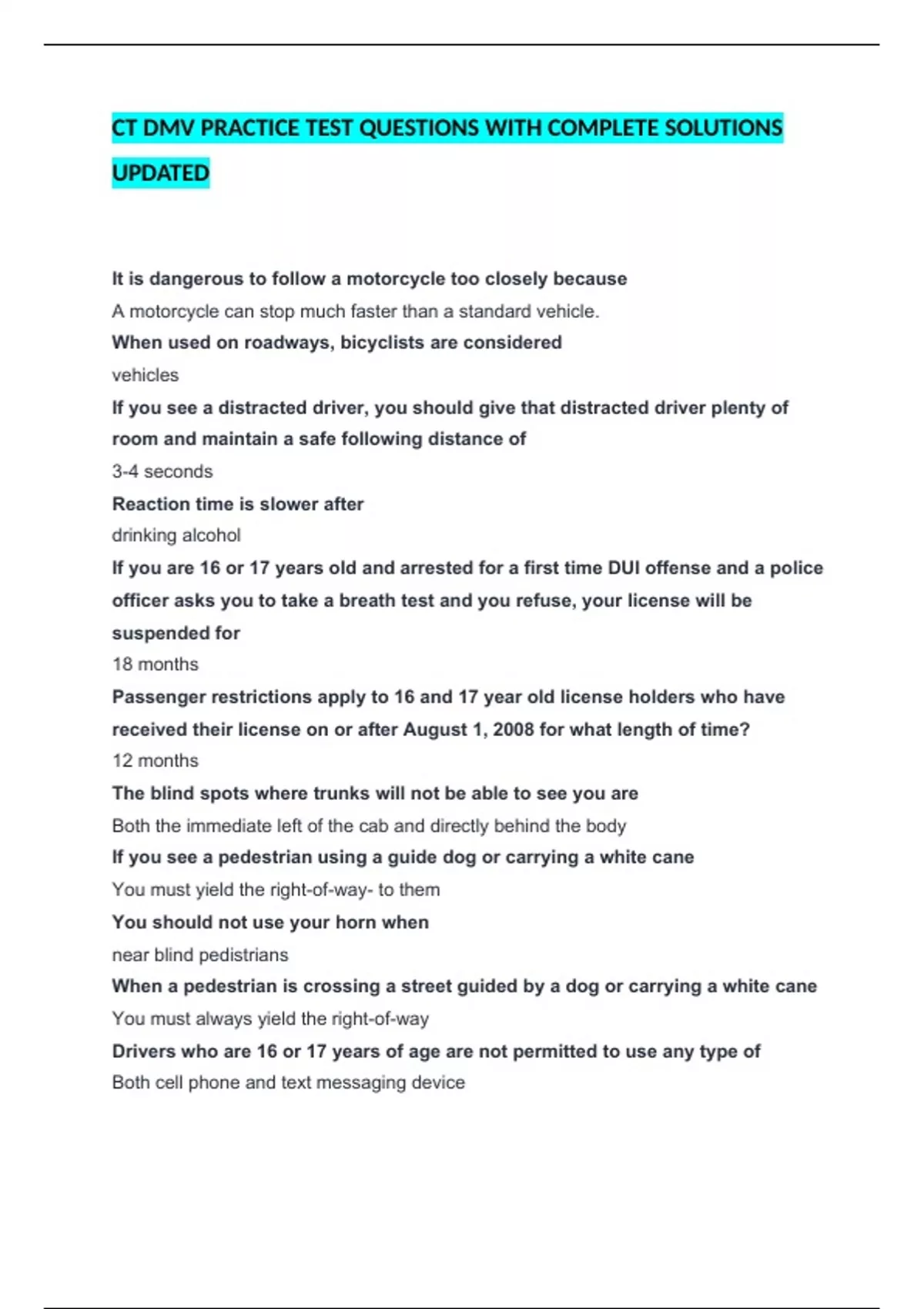 CT DMV PRACTICE TEST QUESTIONS WITH COMPLETE SOLUTIONS UPDATED - CT DMV ...