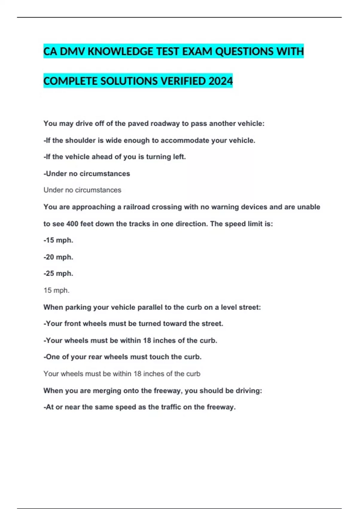 CA DMV KNOWLEDGE TEST EXAM QUESTIONS WITH COMPLETE SOLUTIONS VERIFIED ...