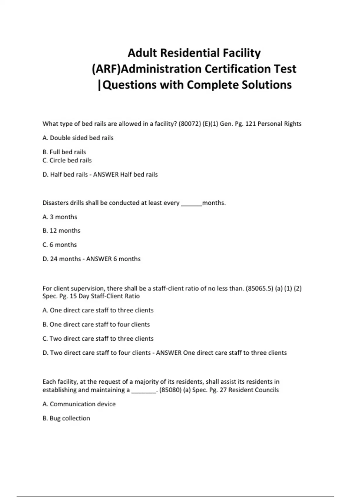 Adult Residential Facility (ARF)Administration Certification Test ...