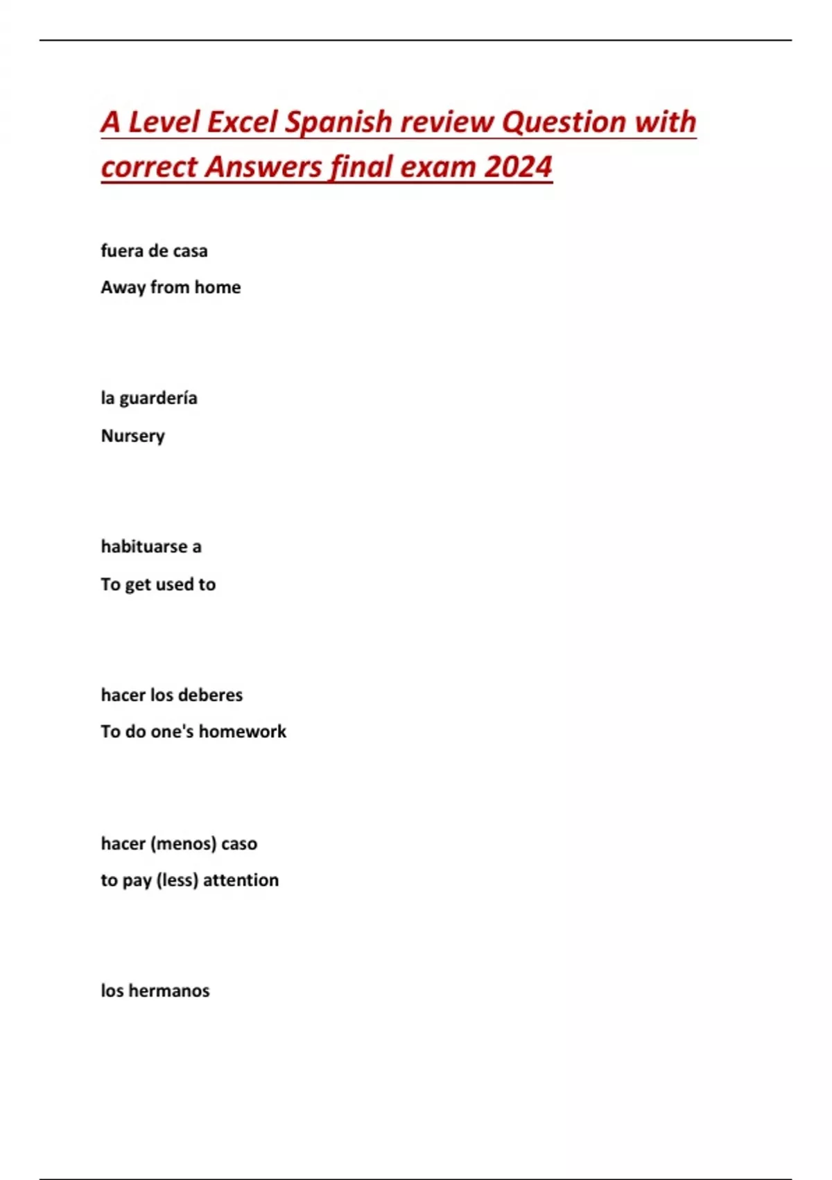 A Level Excel Spanish review Question with correct Answers final exam ...