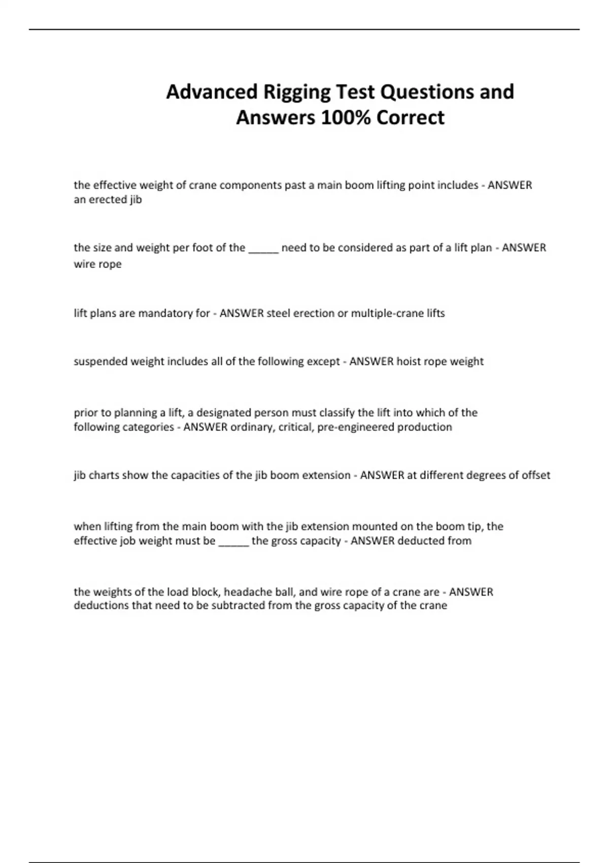 Advanced Rigging Test Questions and Answers 100% Correct - Advanced ...