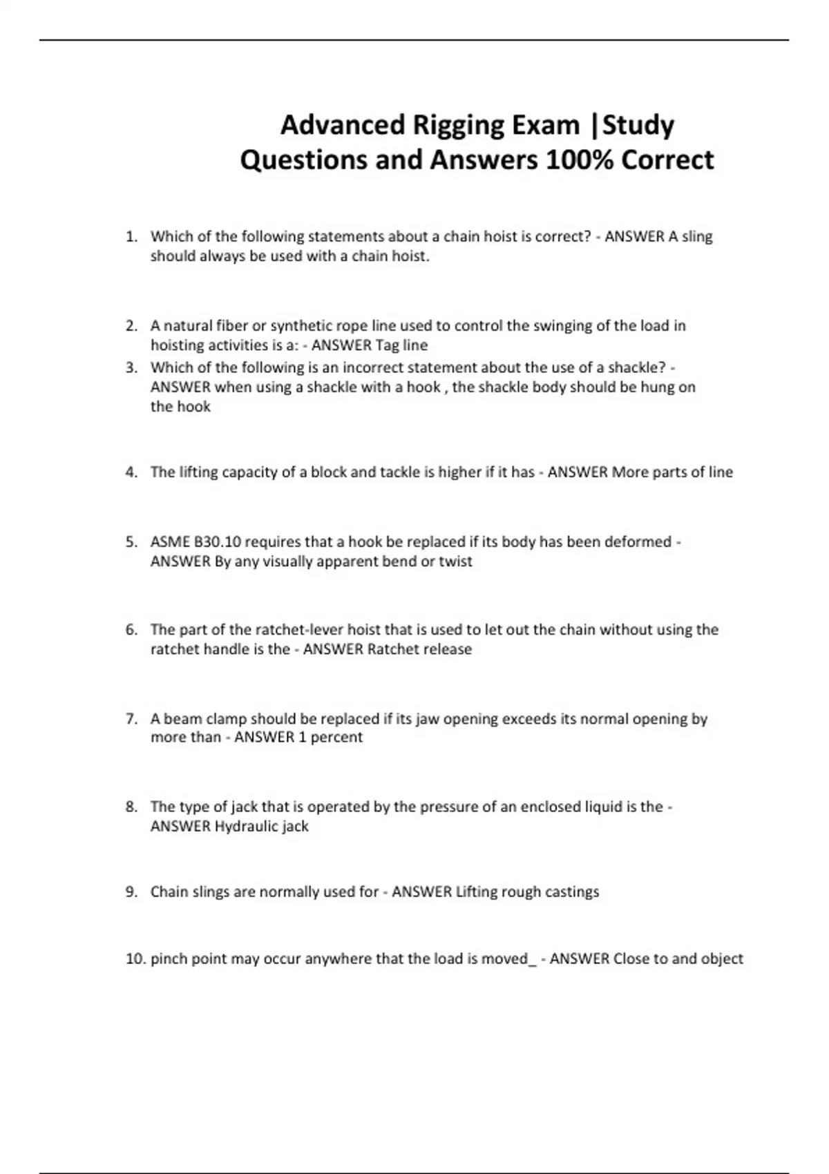 Advanced Rigging Exam |Study Questions and Answers 100% Correct ...