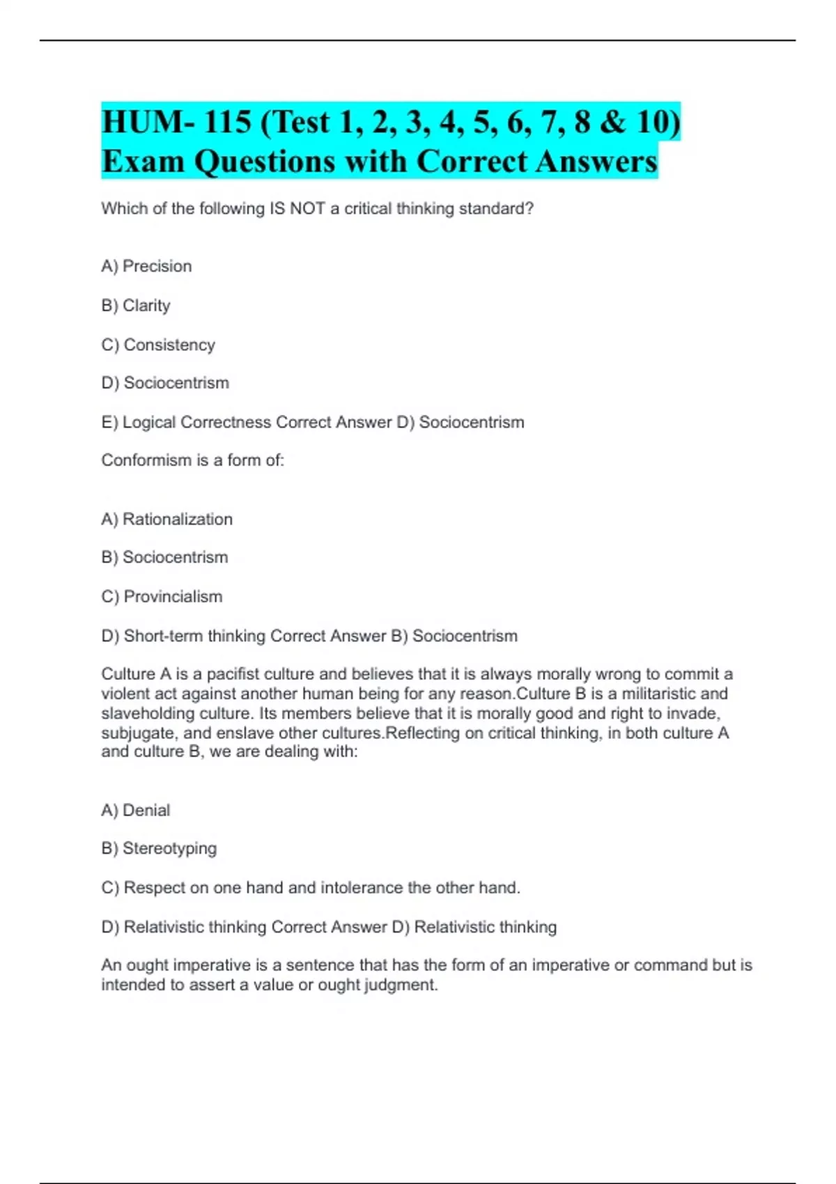 HUM- 115 (Test 1, 2, 3, 4, 5, 6, 7, 8 & 10) Exam Questions with Correct ...
