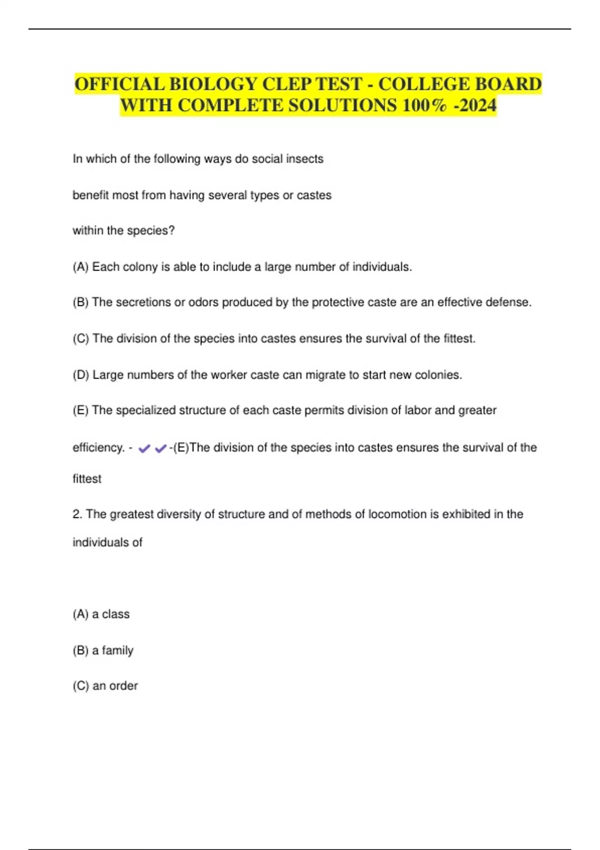 OFFICIAL BIOLOGY CLEP TEST - COLLEGE BOARD WITH COMPLETE SOLUTIONS 100% ...