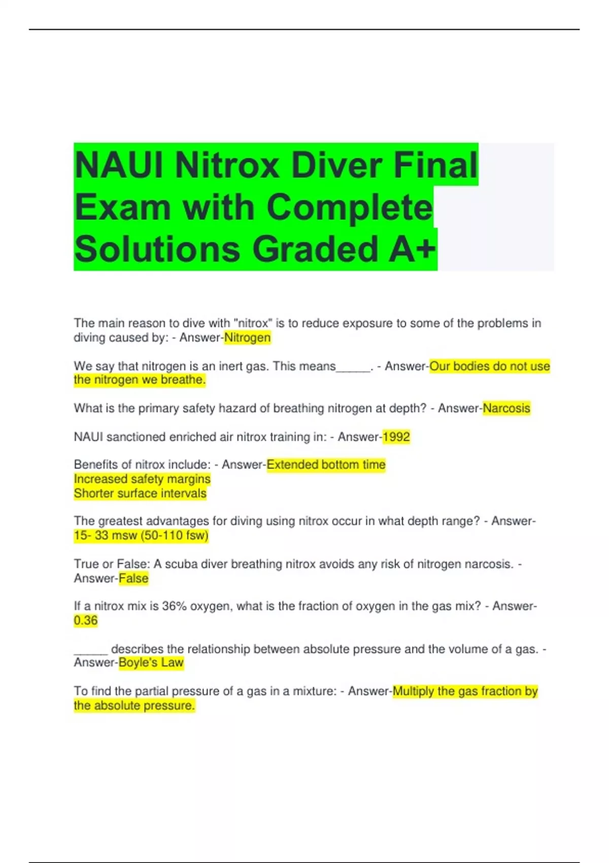 NAUI Nitrox Diver Final Exam with Complete Solutions Graded A+ - NAUI ...